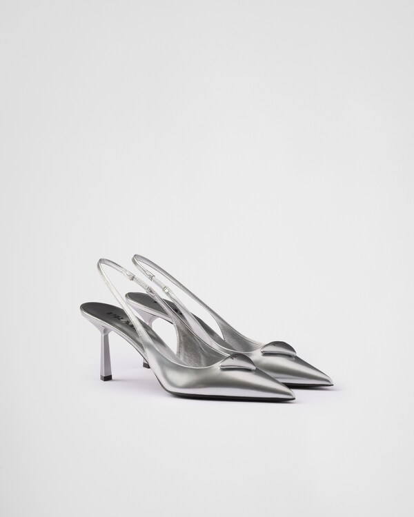 Silver Metallic Leather Slingback Pumps | PRADA