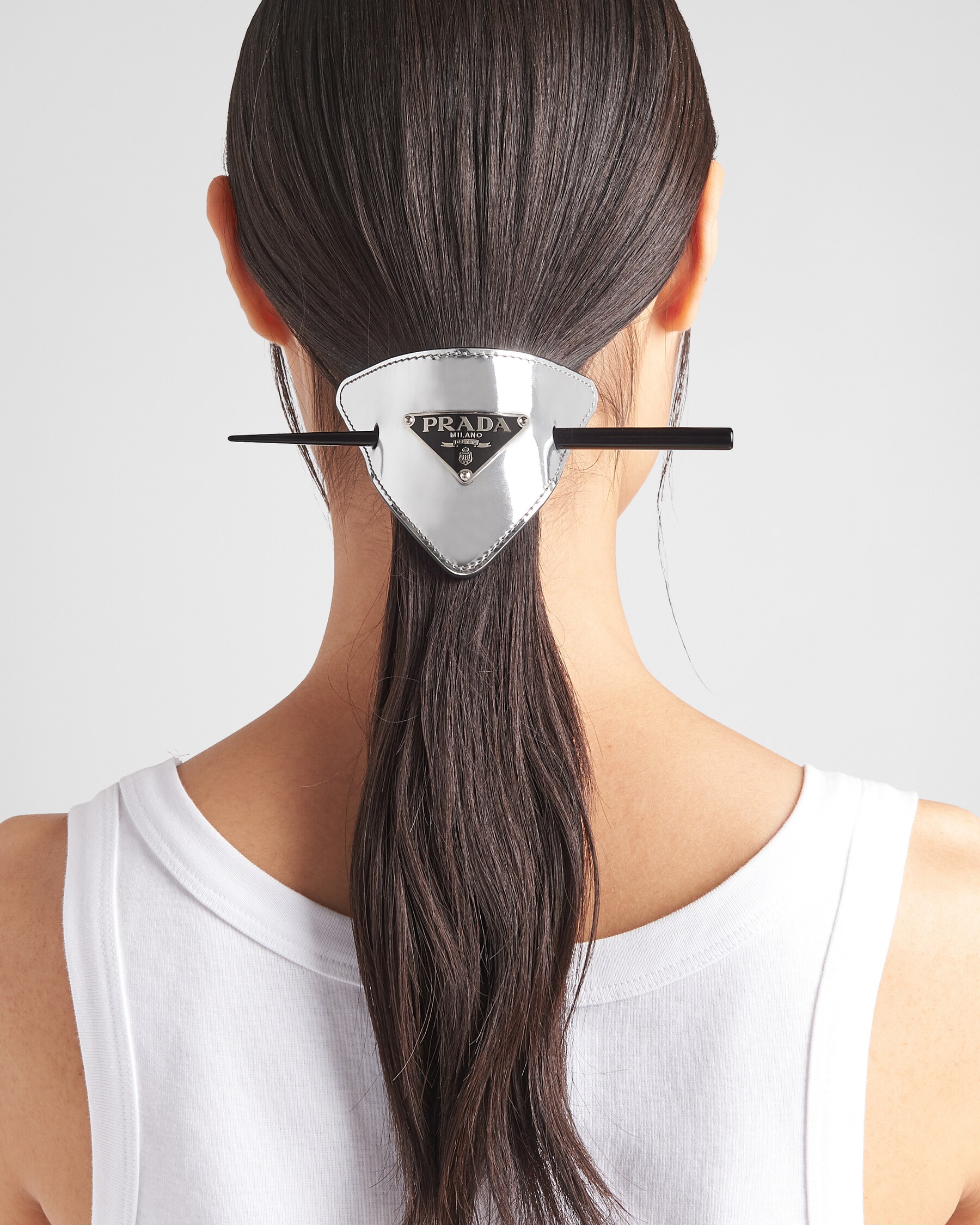 Silver Brushed Leather Hair Clasp With Stick | PRADA