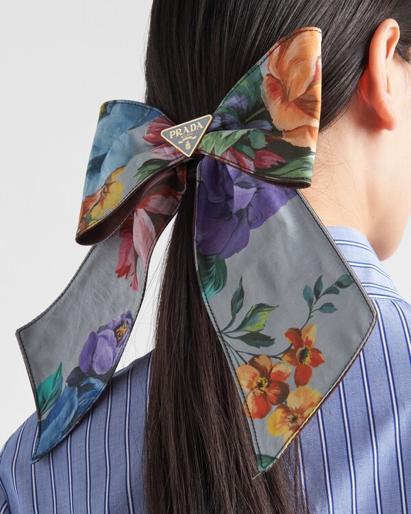 Steel Gray Printed Fabric Hair Clip | PRADA