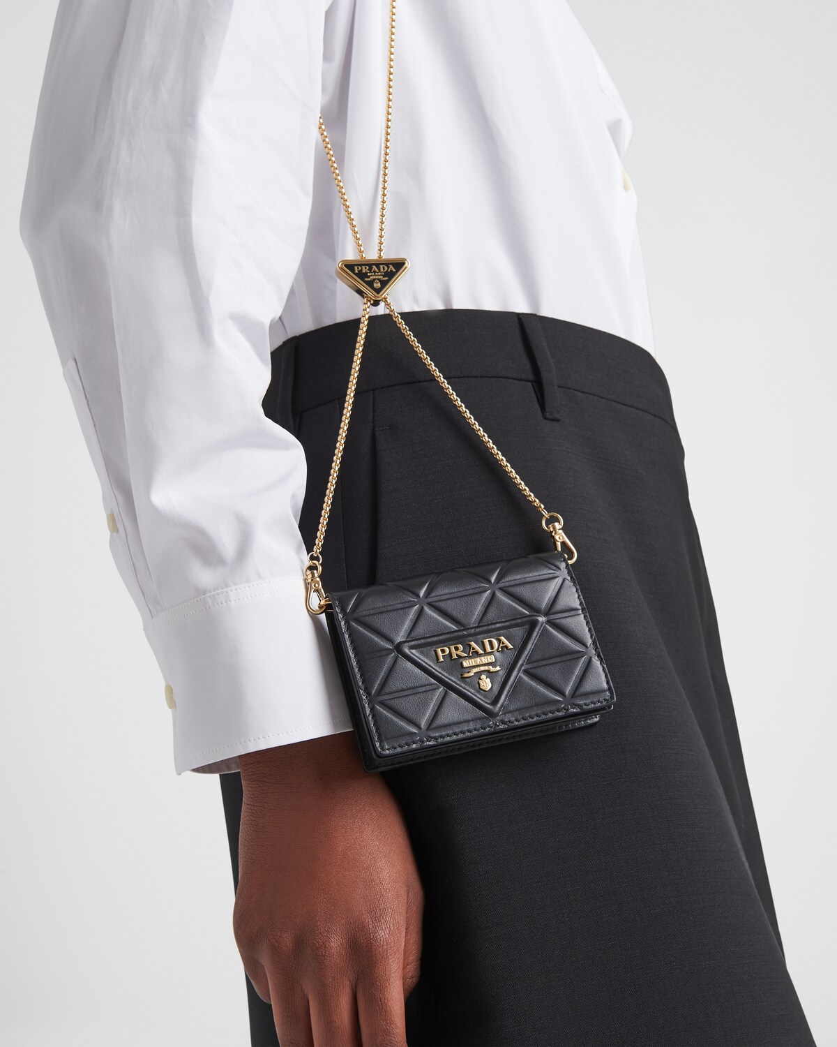 Black Leather Card Holder With Shoulder Strap | PRADA