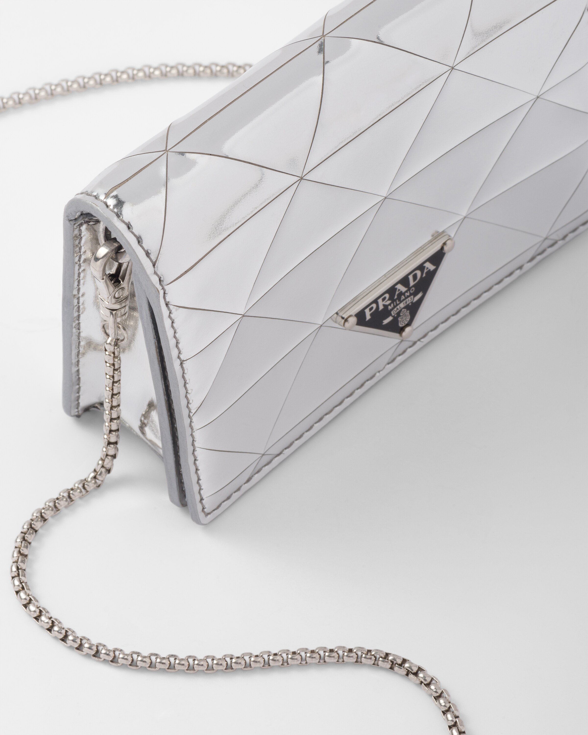 Silver Metallic leather card holder with shoulder strap | Prada