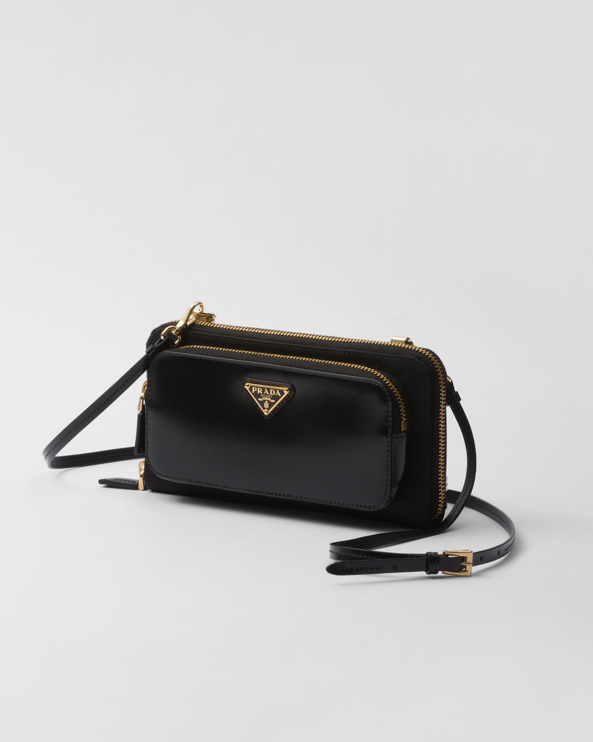 Black Re-nylon And Brushed Leather Wallet With Shoulder Strap | PRADA