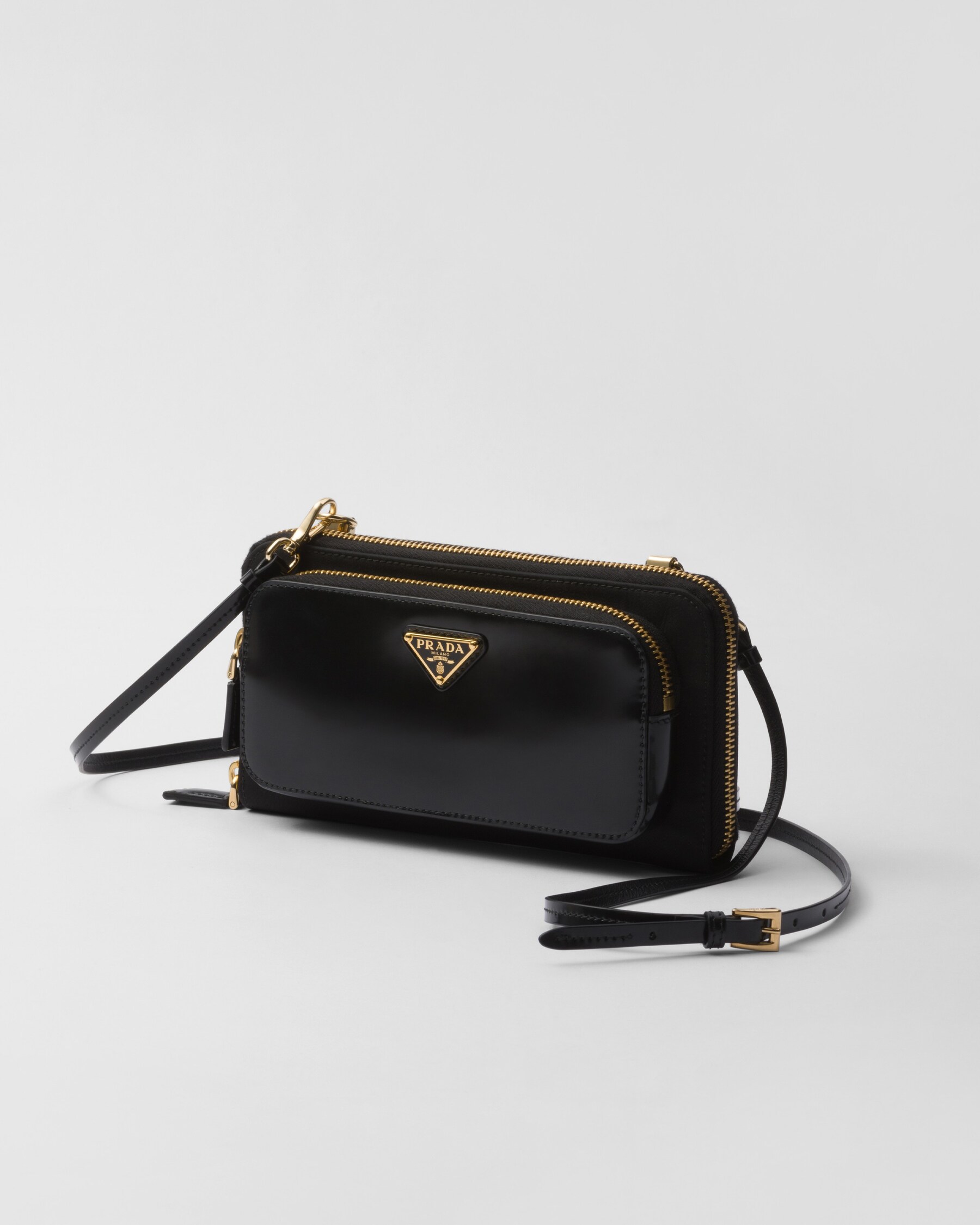 Black Re-nylon And Brushed Leather Wallet With Shoulder Strap | PRADA