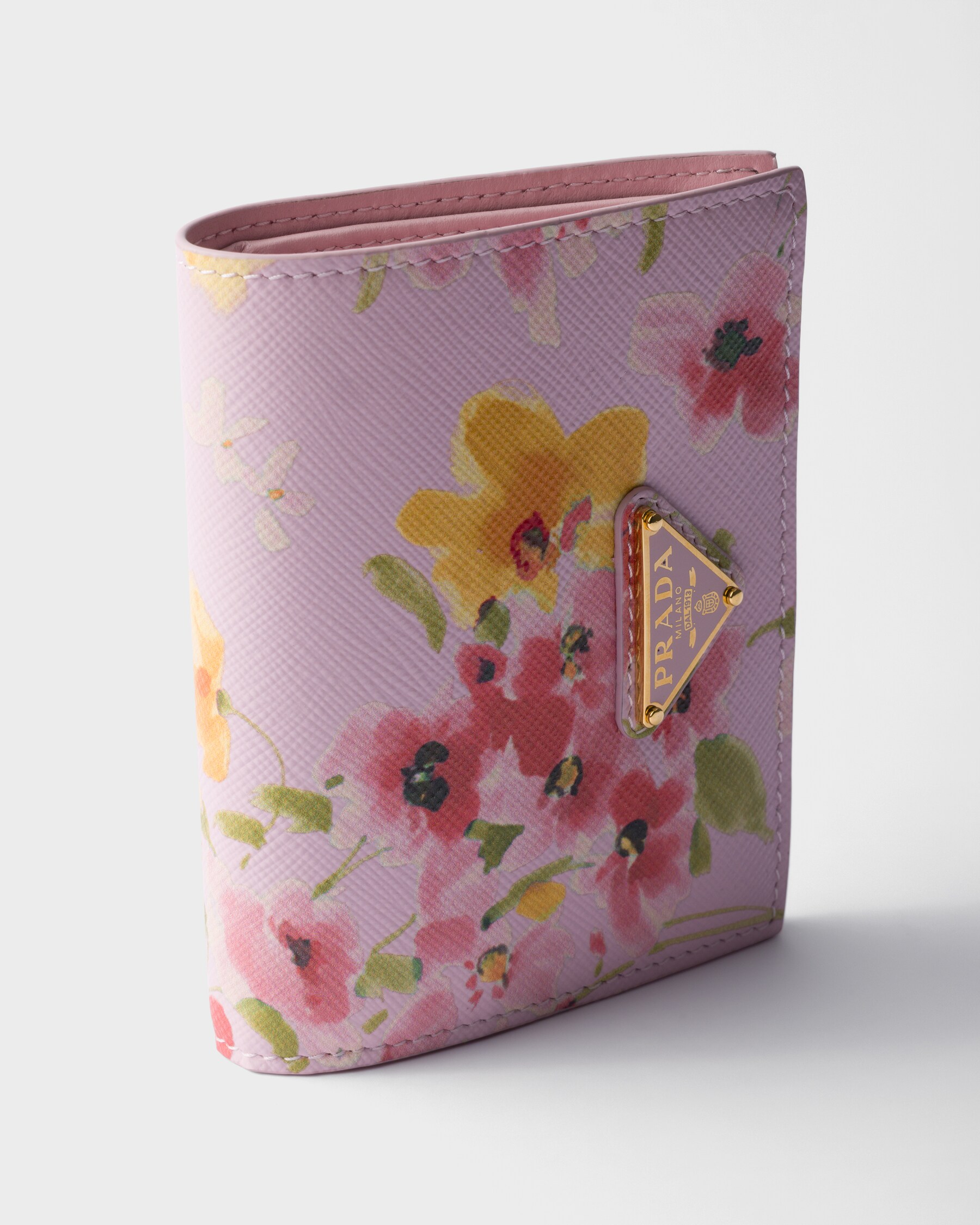 Alabaster Pink Small Floral-print Saffiano Leather Wallet | PRADA