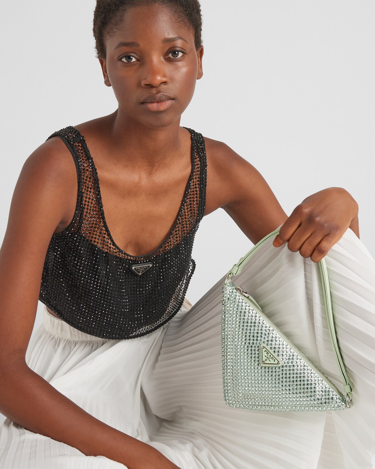 Aqua Crystal-studded Satin Pouch | PRADA