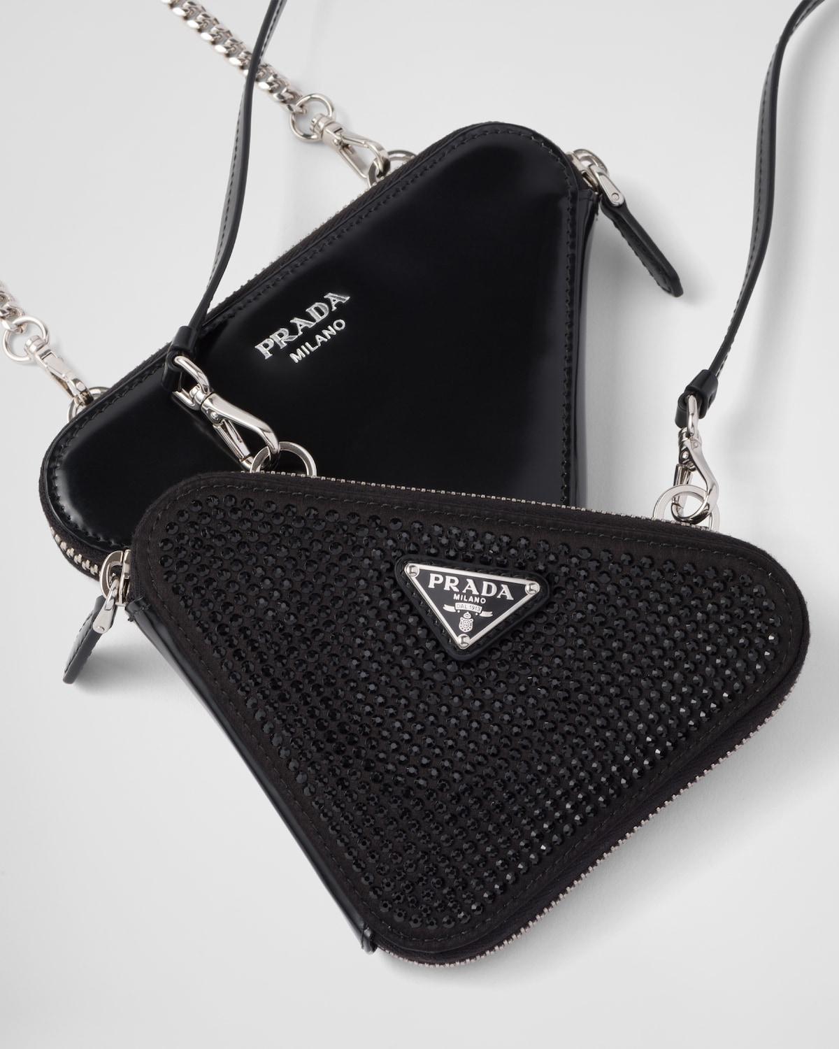 Black Triangular Embellished Satin And Leather Mini-pouch | PRADA