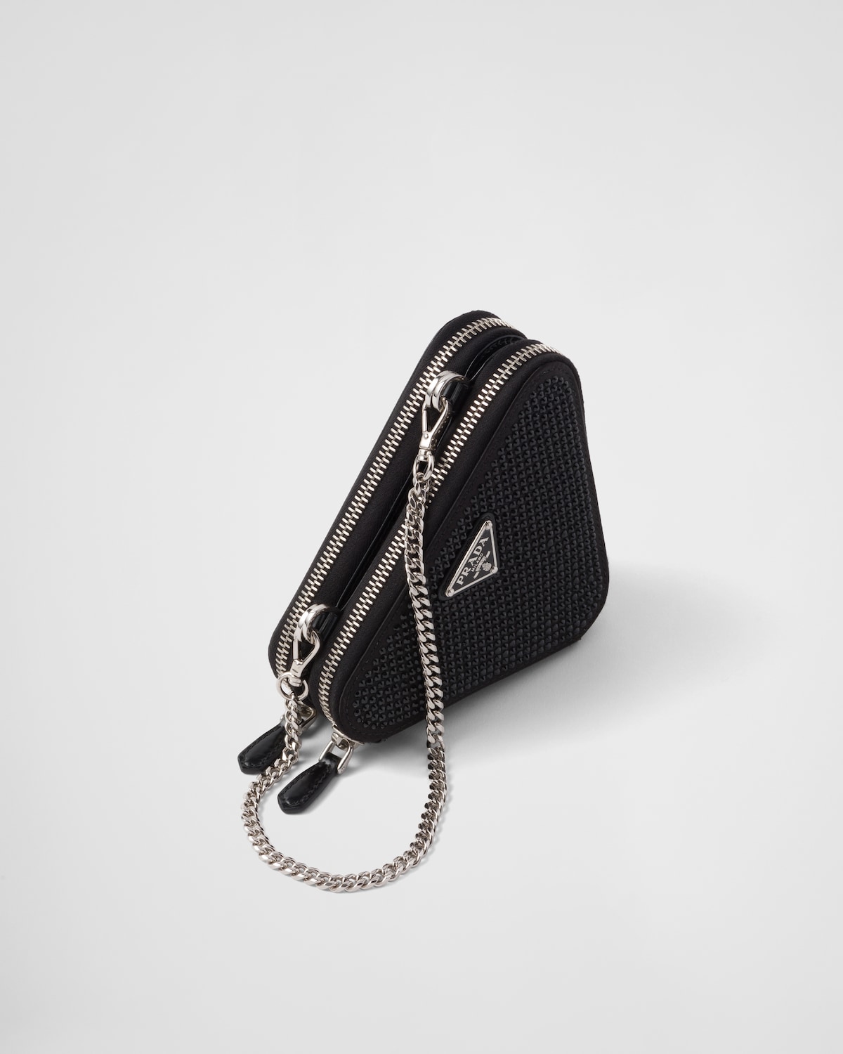 Black Triangular Embellished Satin And Leather Mini-pouch | PRADA