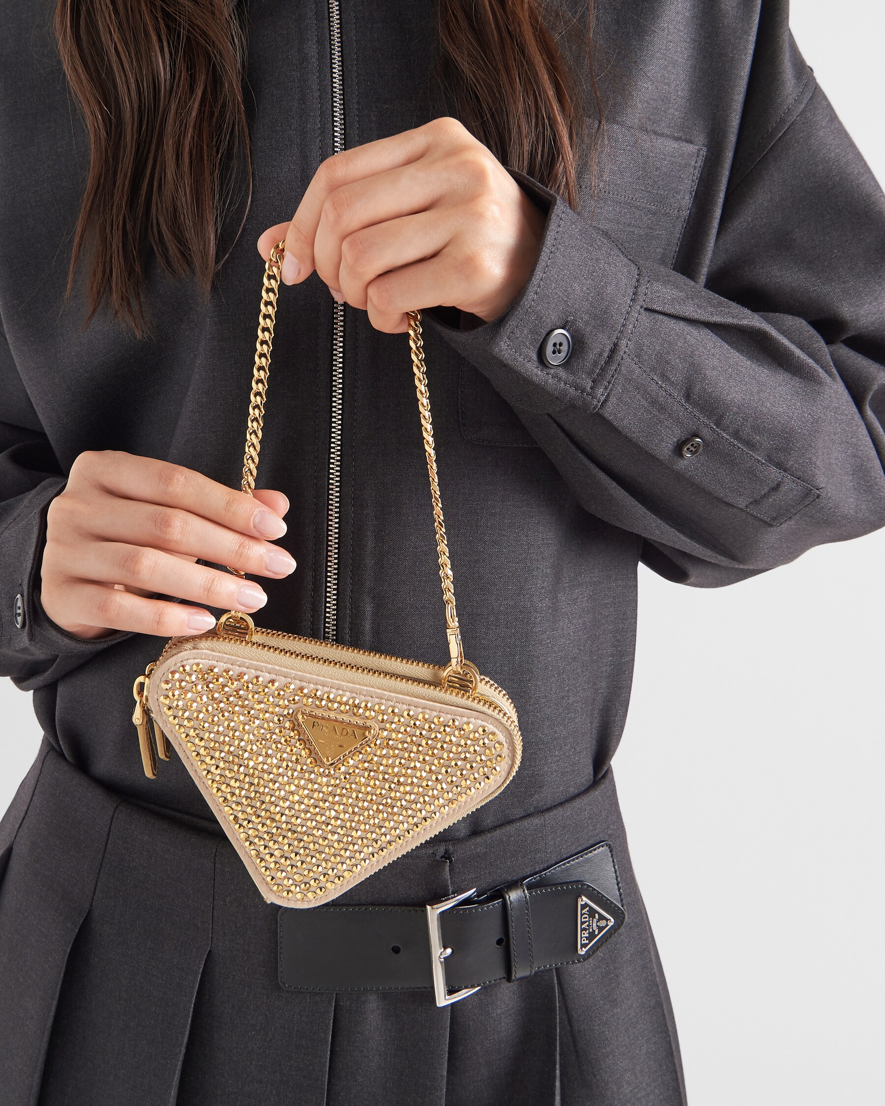 Platinum Triangular Embellished Satin And Leather Mini-pouch | PRADA