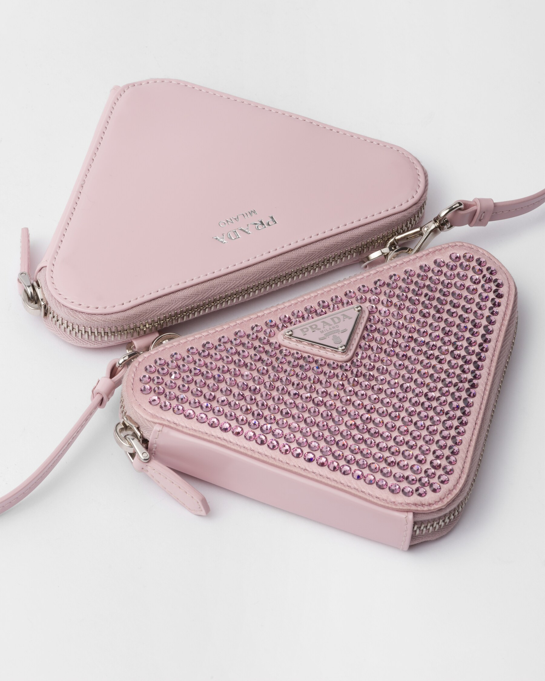 Alabaster Pink Triangular Embellished Satin And Leather Mini-pouch | PRADA