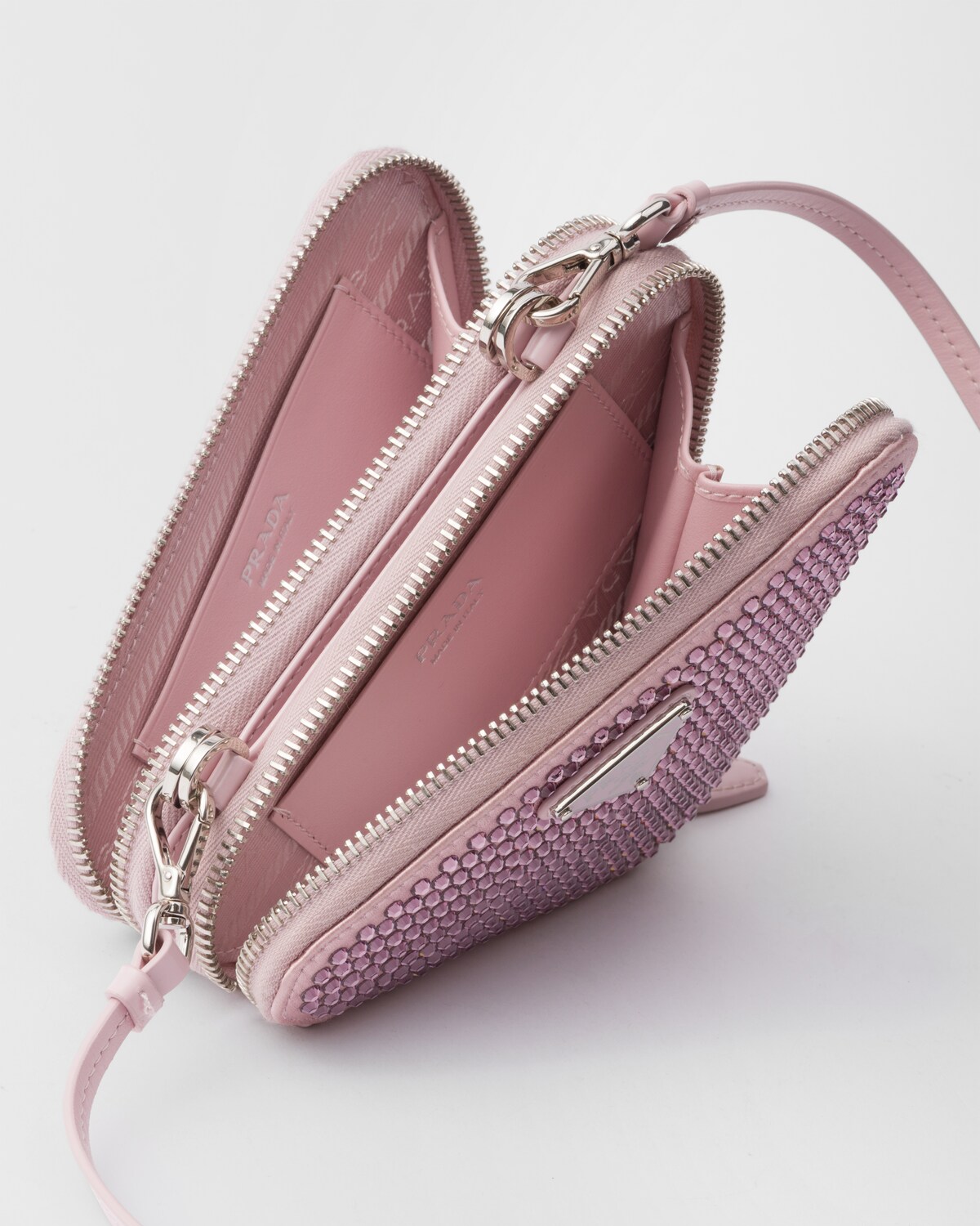 Alabaster Pink Triangular Embellished Satin And Leather Mini-pouch | PRADA