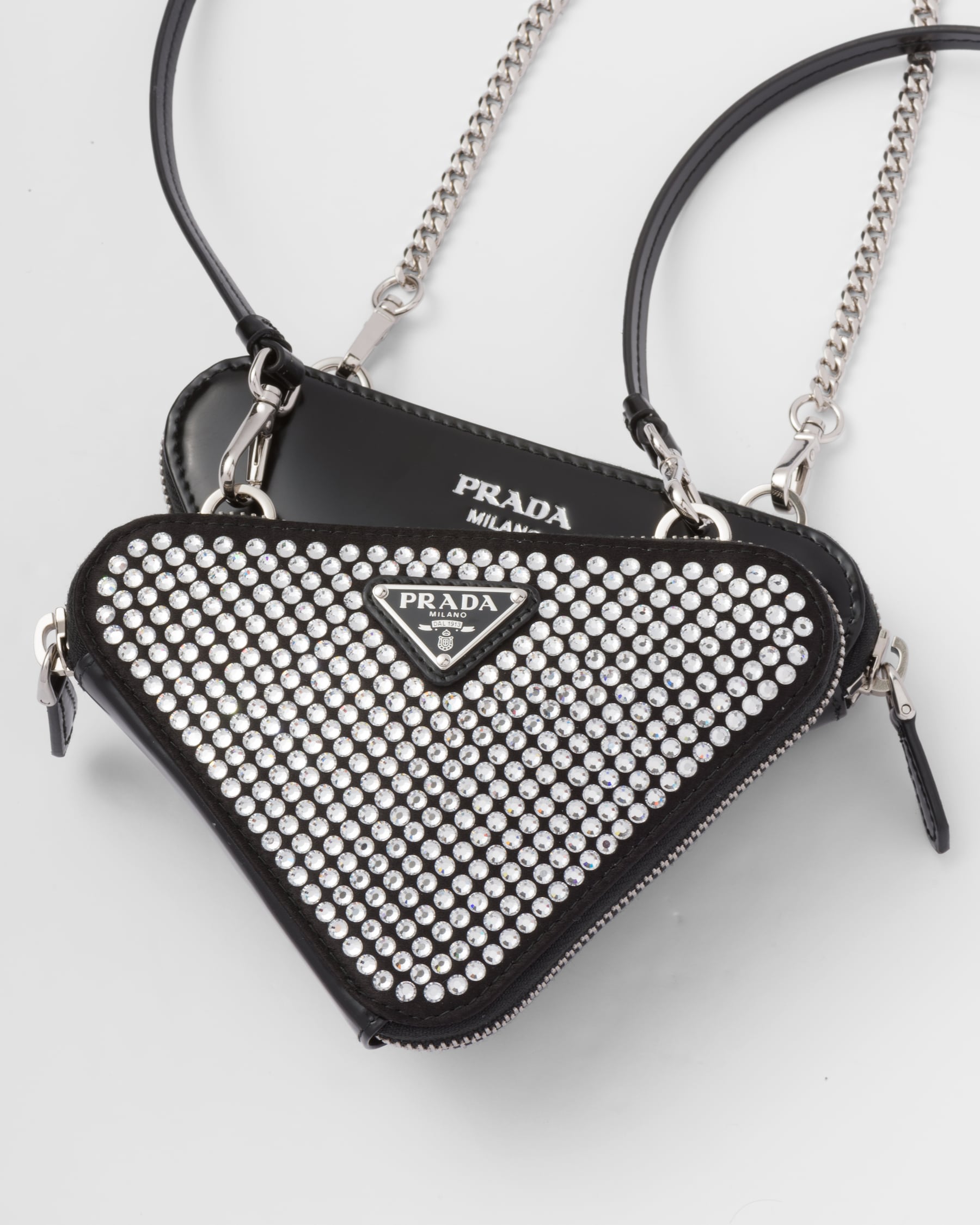 Crystal Triangular Embellished Satin And Leather Mini-pouch | PRADA