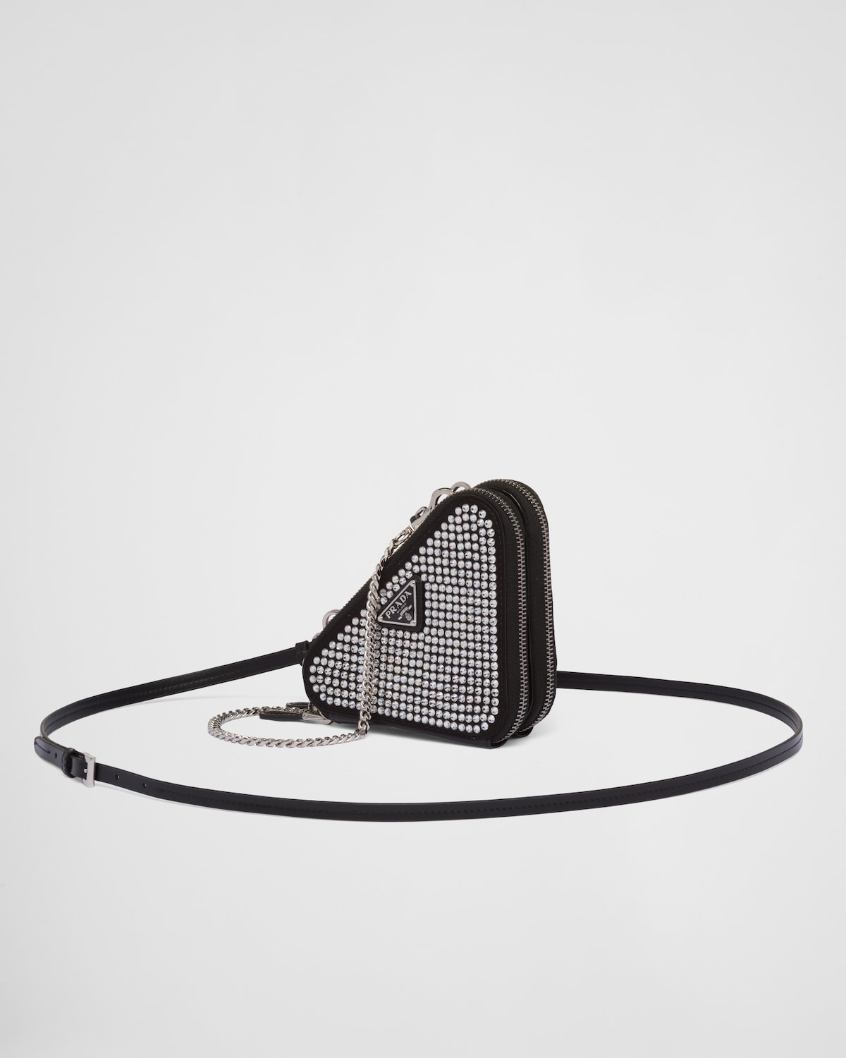 Crystal Triangular Embellished Satin And Leather Mini-pouch | PRADA