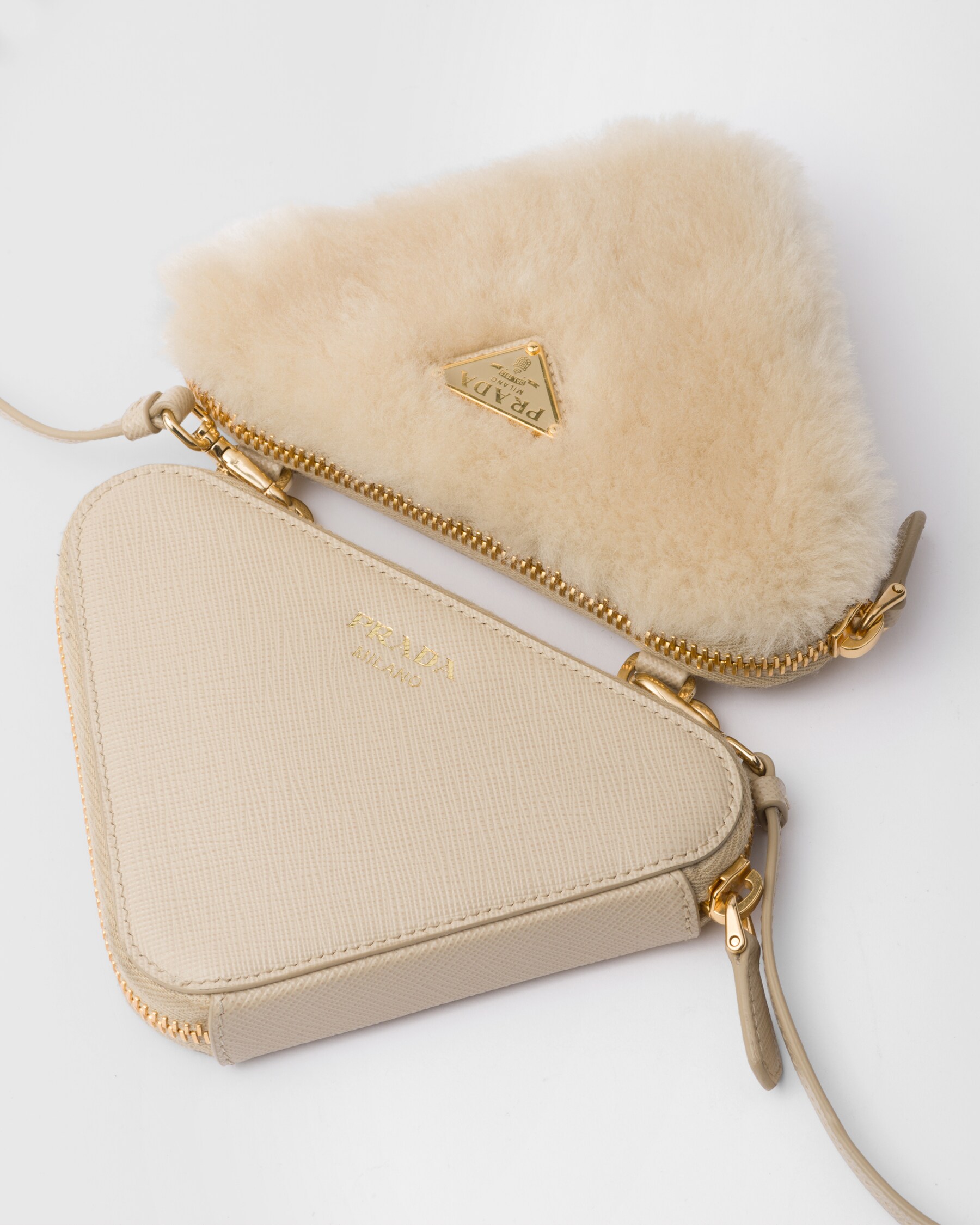 Ecru Triangular Shearling And Saffiano Leather Mini-pouch | PRADA