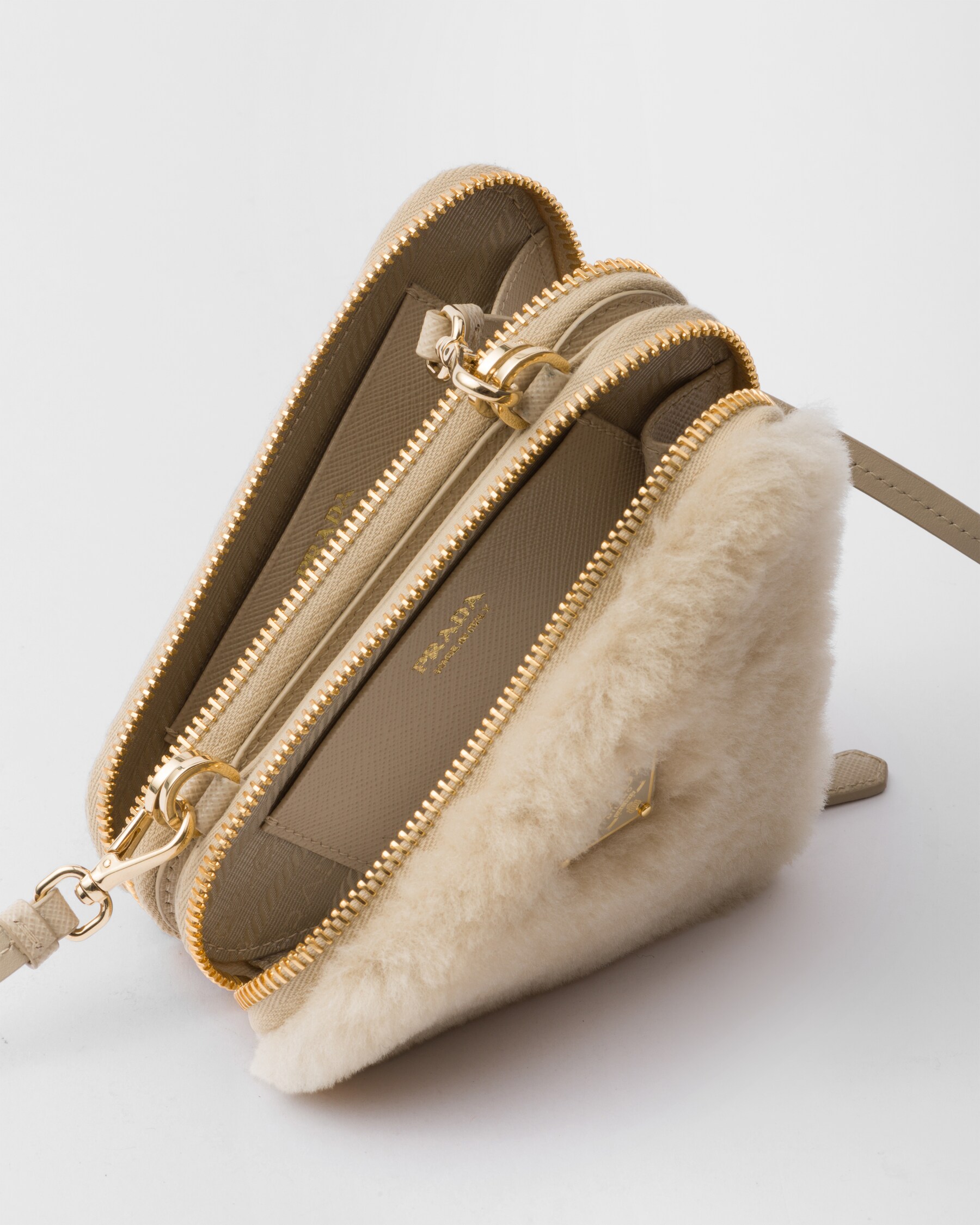 Ecru Triangular Shearling And Saffiano Leather Mini-pouch | PRADA