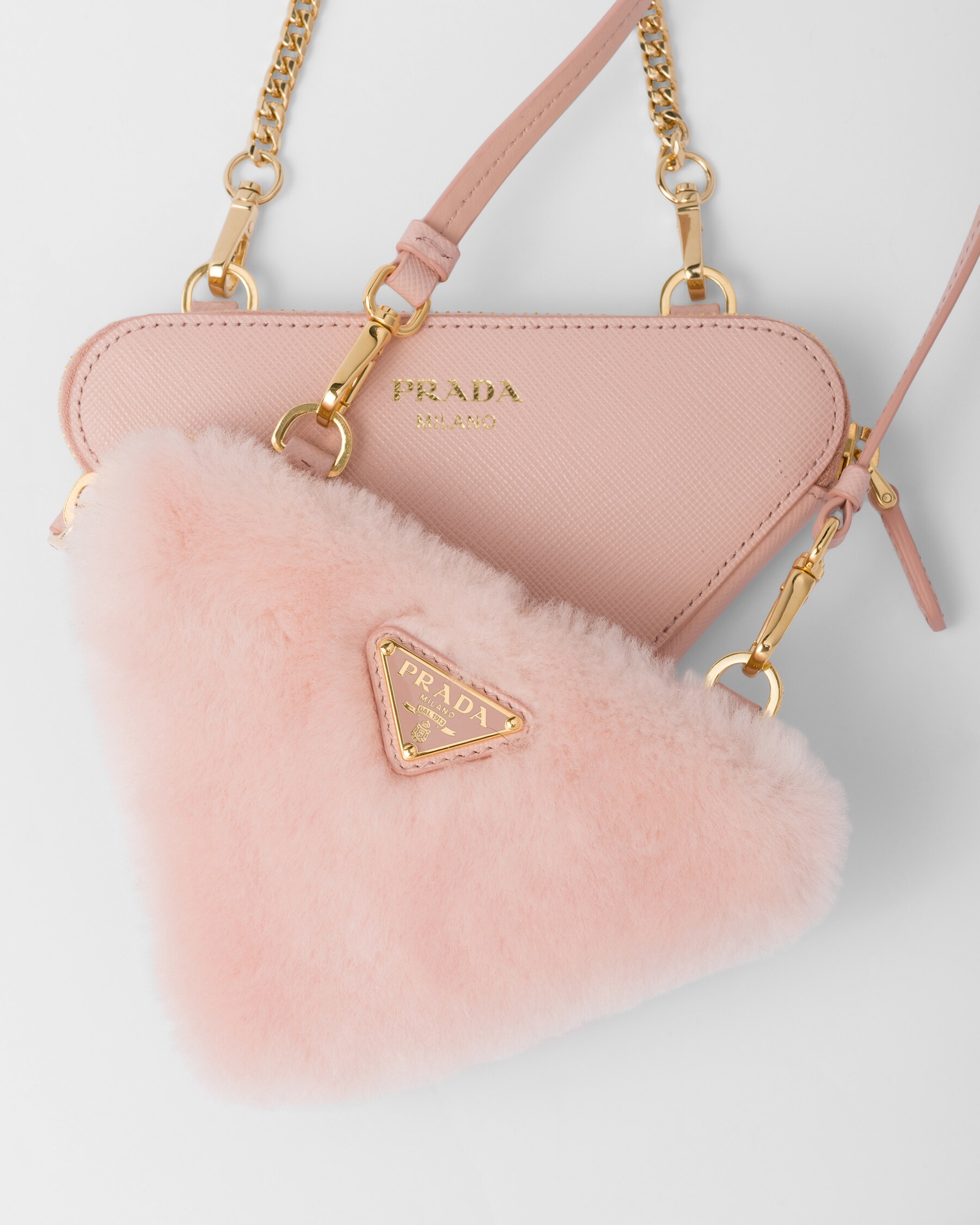 Orchid Pink Triangular Shearling And Saffiano Leather Mini-pouch | PRADA