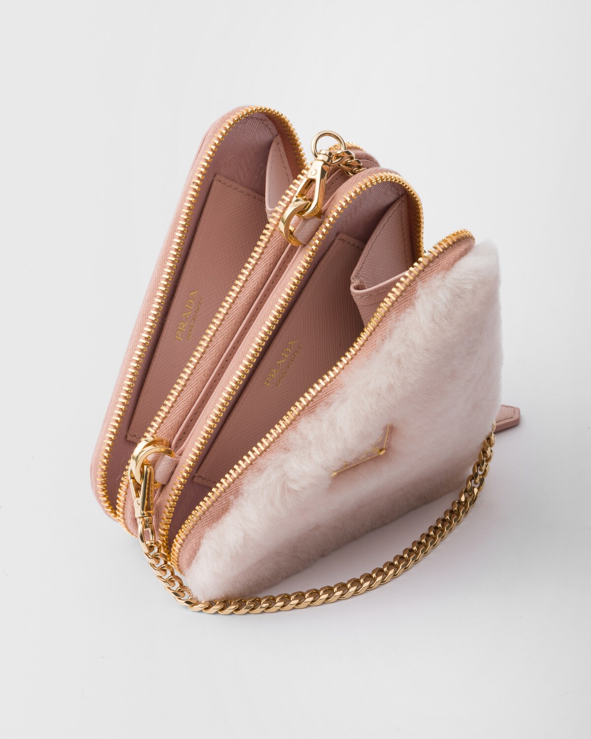 Orchid Pink Triangular Shearling And Saffiano Leather Mini-pouch | PRADA