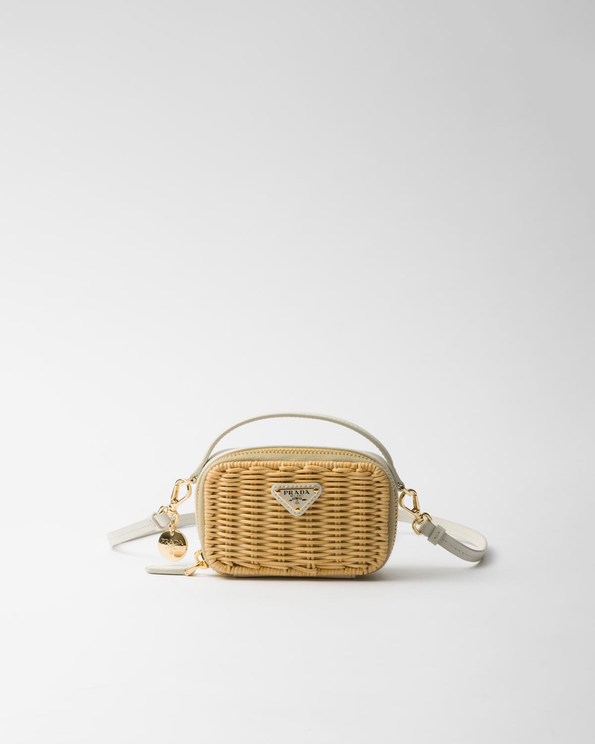 Tan/white Wicker And Leather Mini-pouch | PRADA