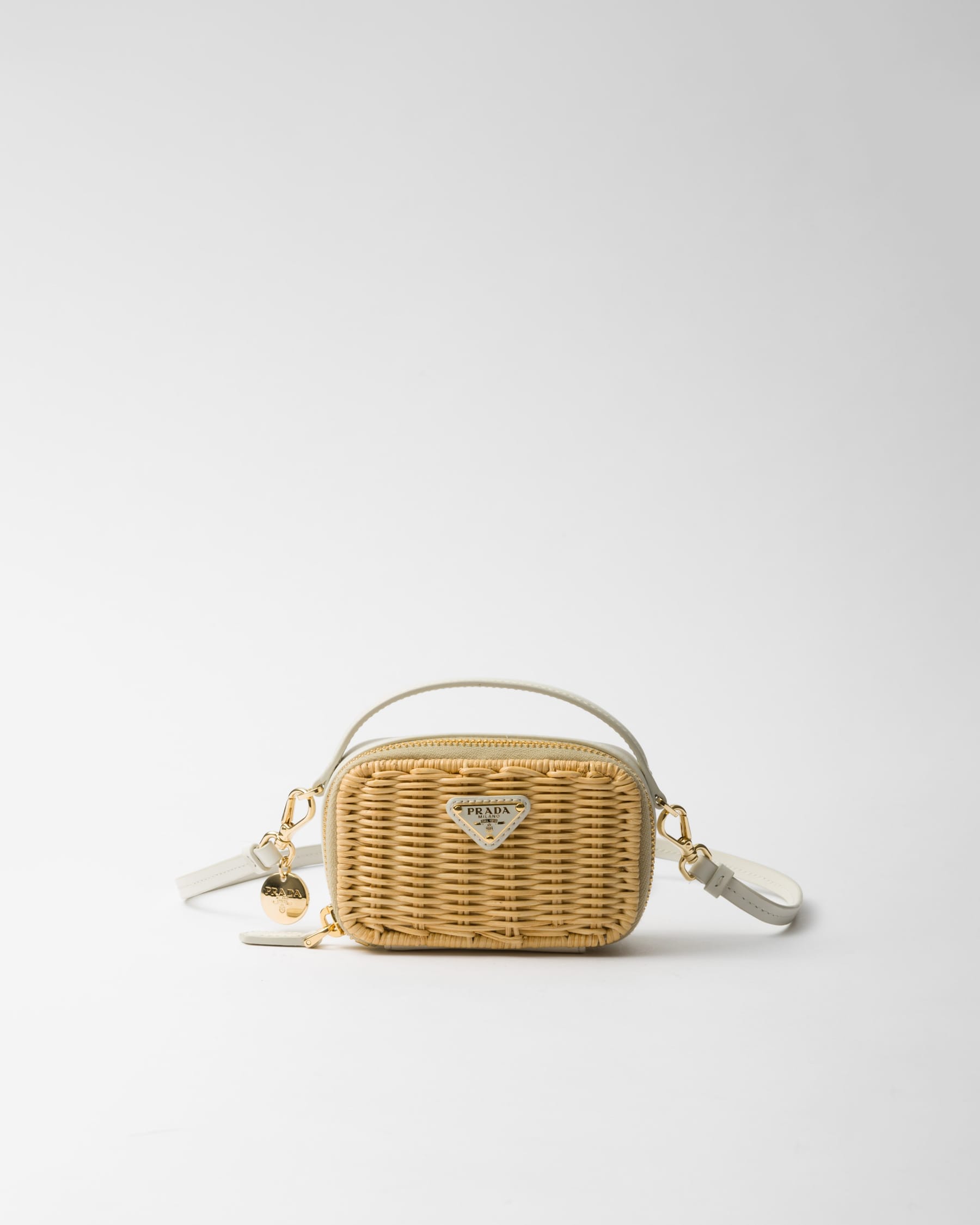 Tan/white Wicker And Leather Mini-pouch | PRADA