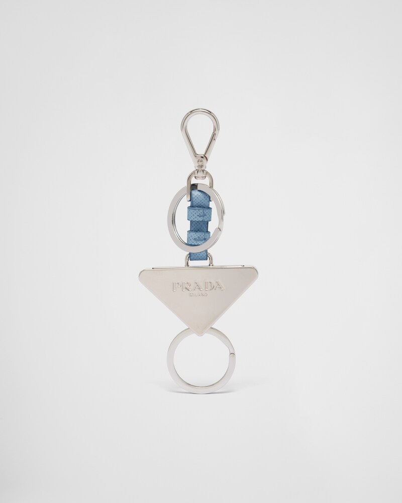 Steel/sky Blue Dividable Leather And Metal Keychain | PRADA