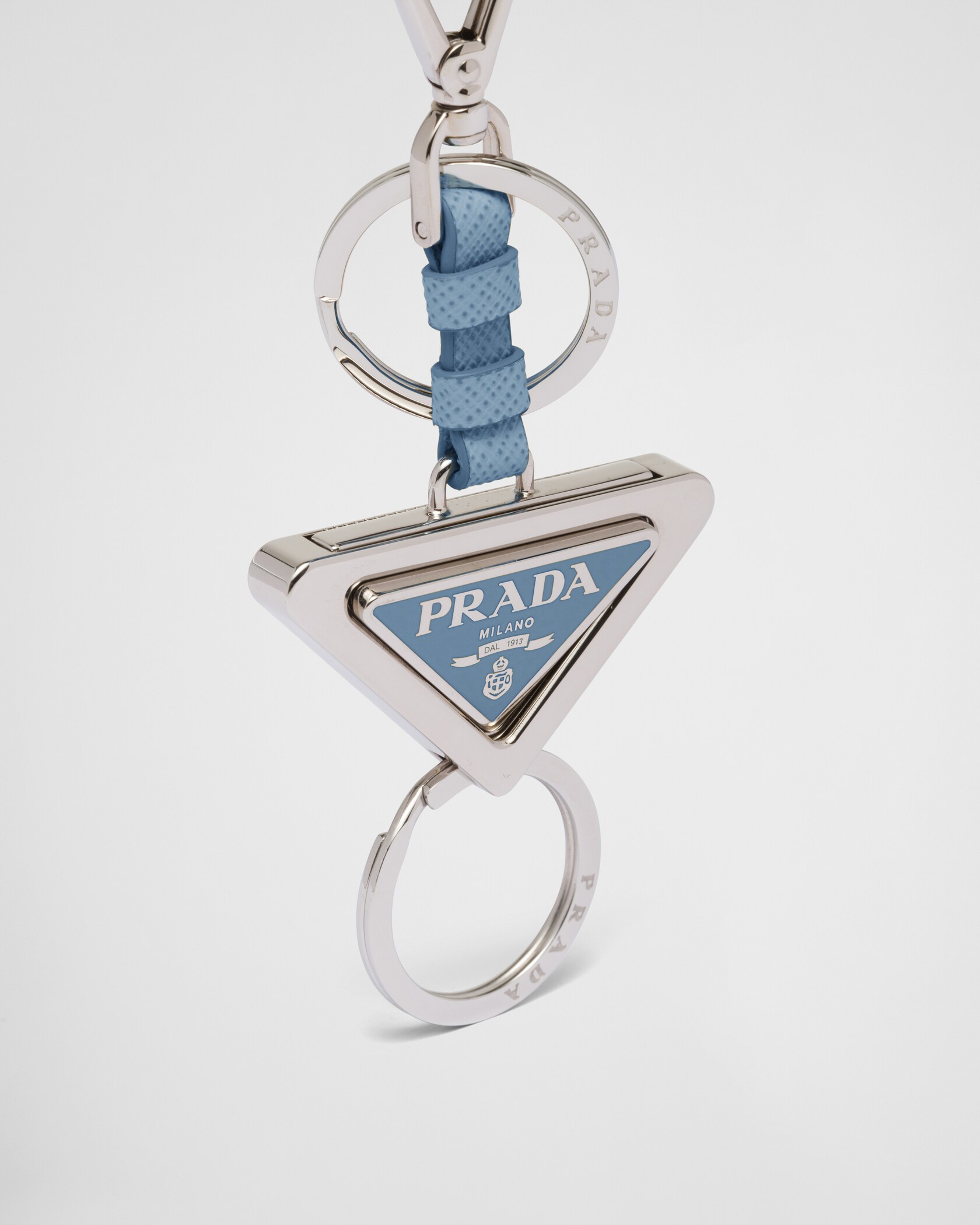 Steel/sky Blue Dividable Leather And Metal Keychain | PRADA