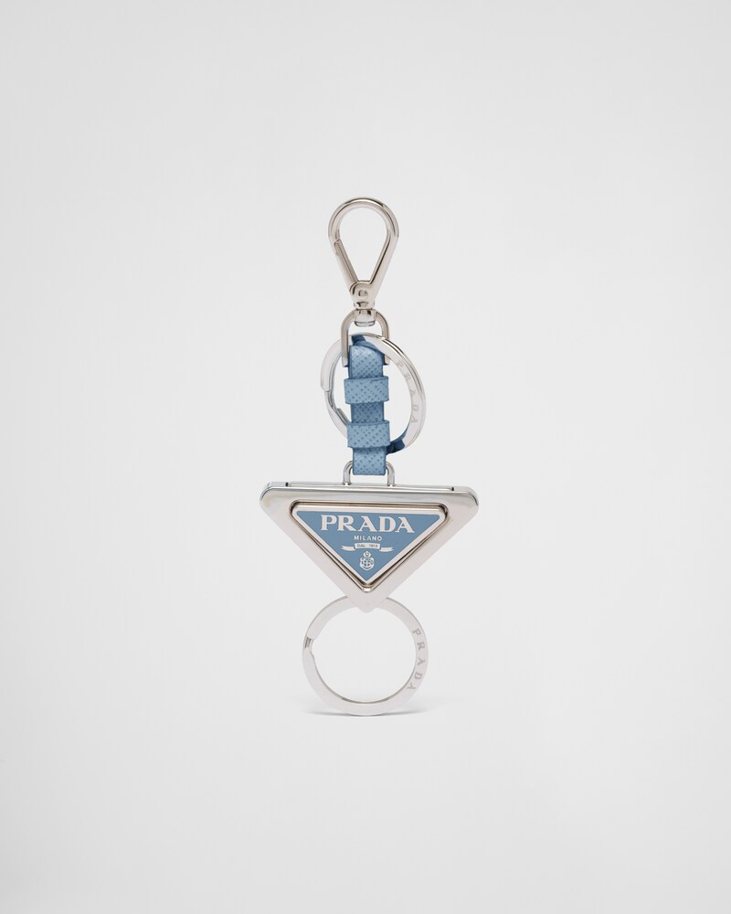 Steel/sky Blue Dividable Leather And Metal Keychain | PRADA