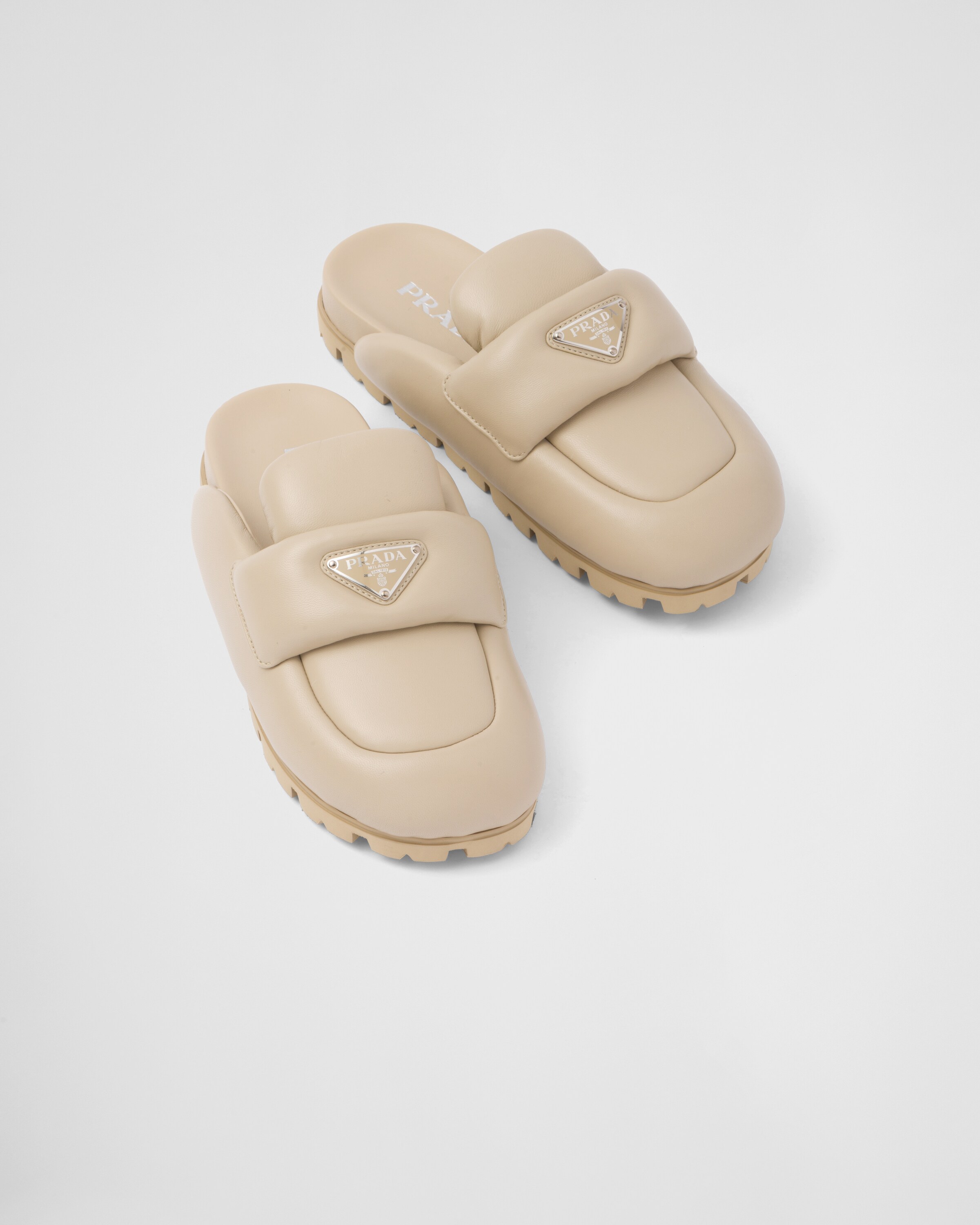 Desert Beige Soft padded nappa leather sabots | Prada