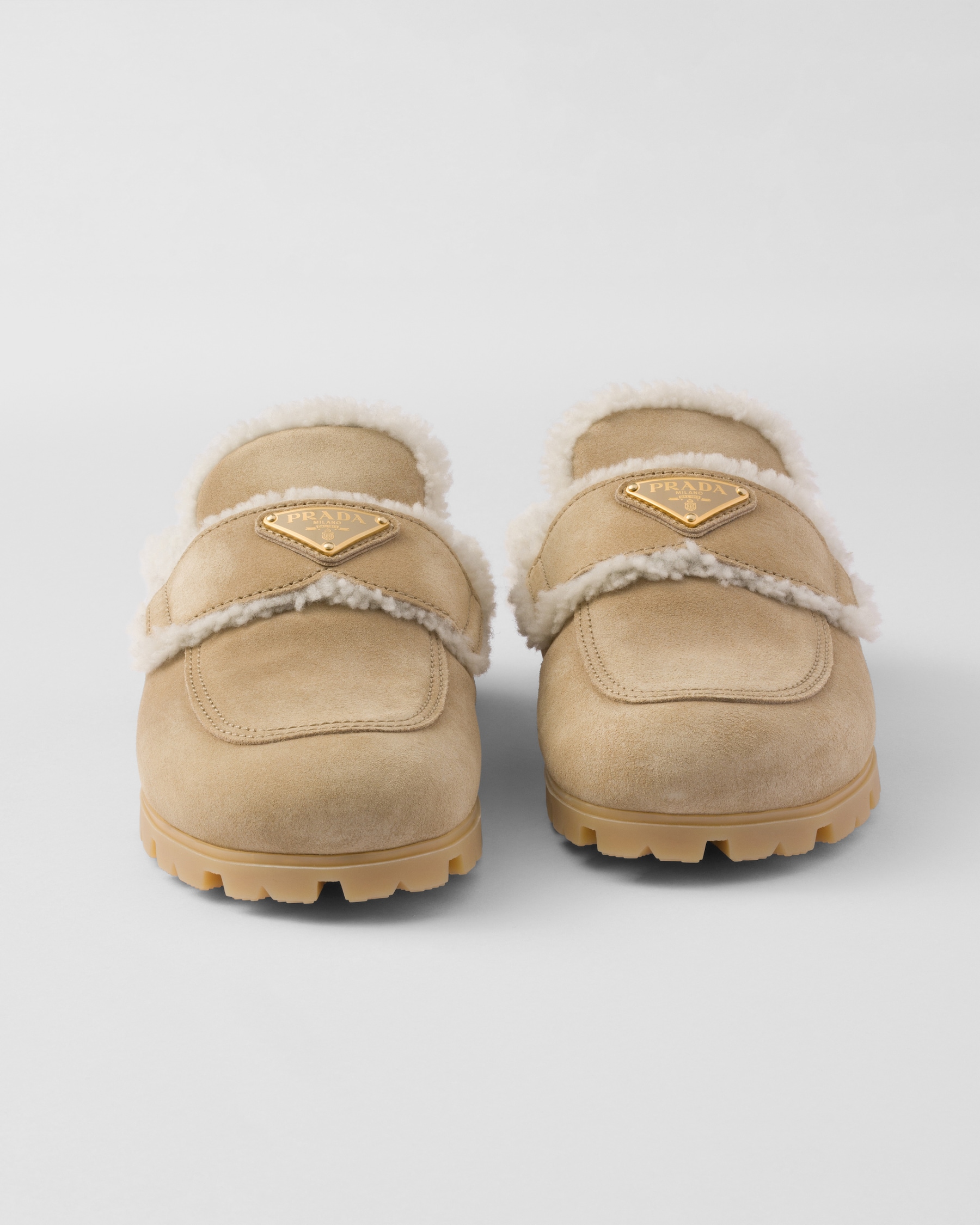Ecru Suede And Shearling Slippers | PRADA