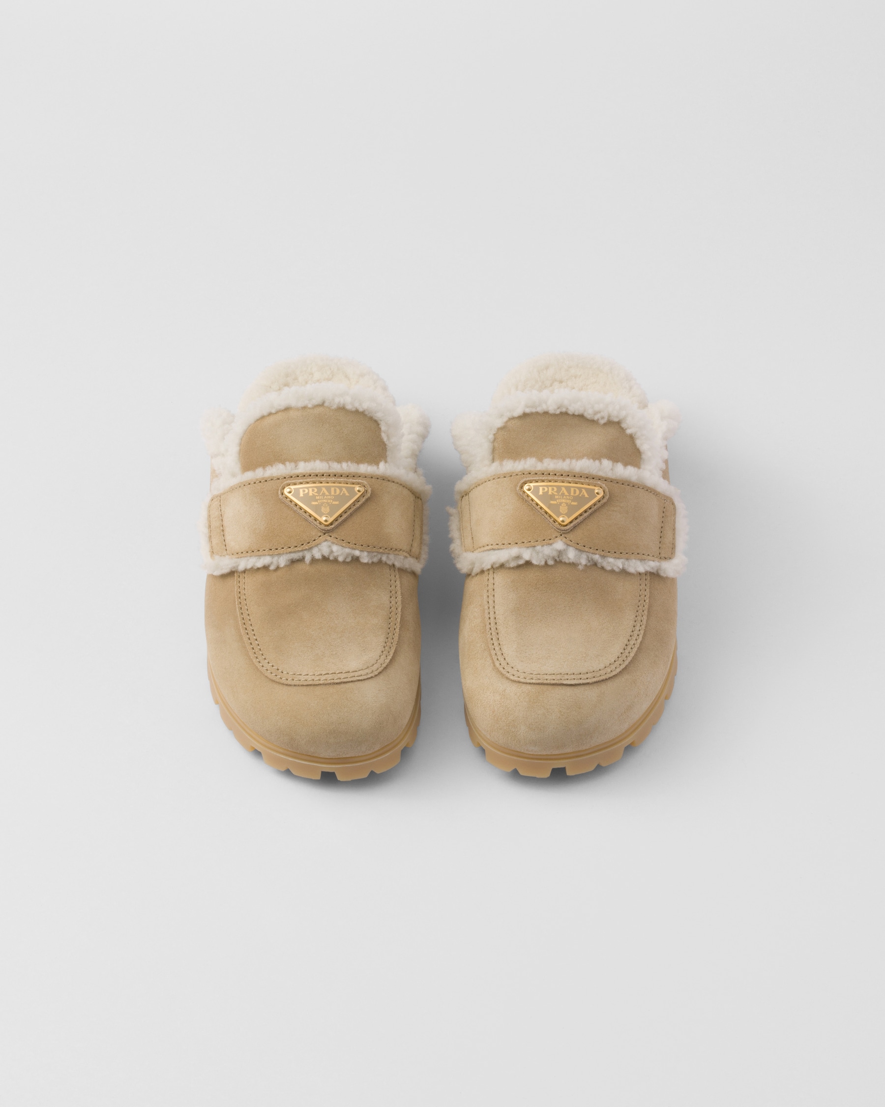 Ecru Suede And Shearling Slippers | PRADA