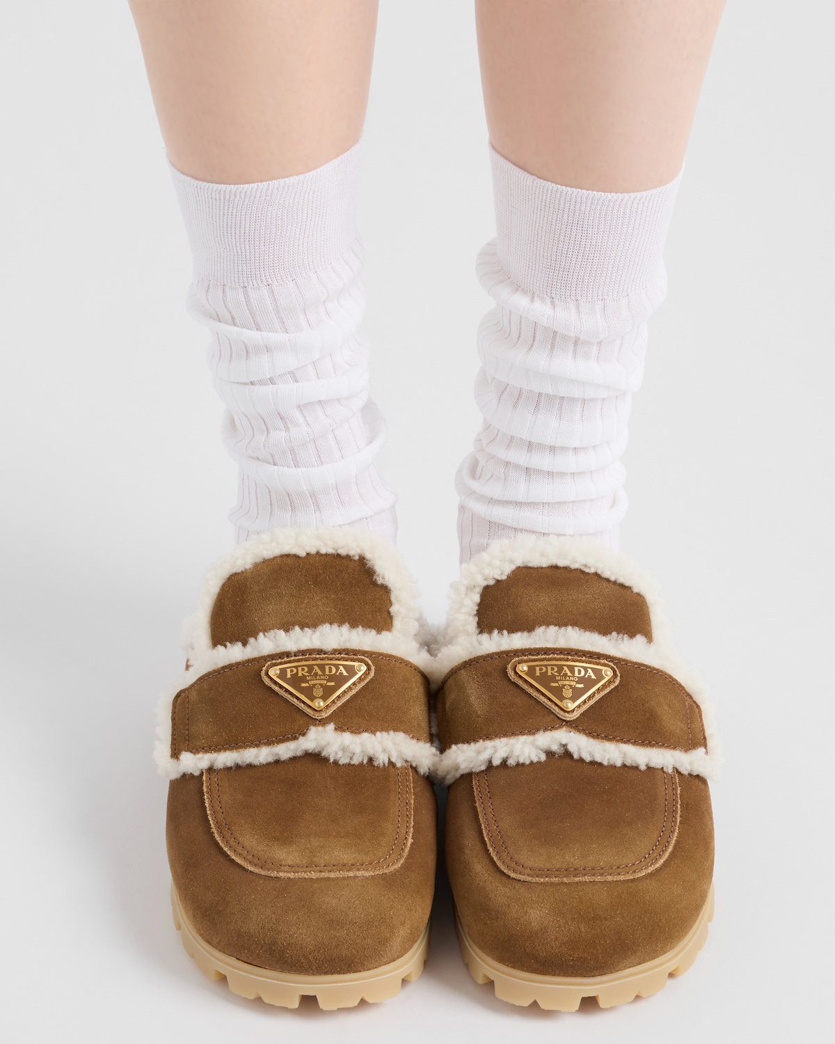 Cinnamon Suede And Shearling Slippers | PRADA