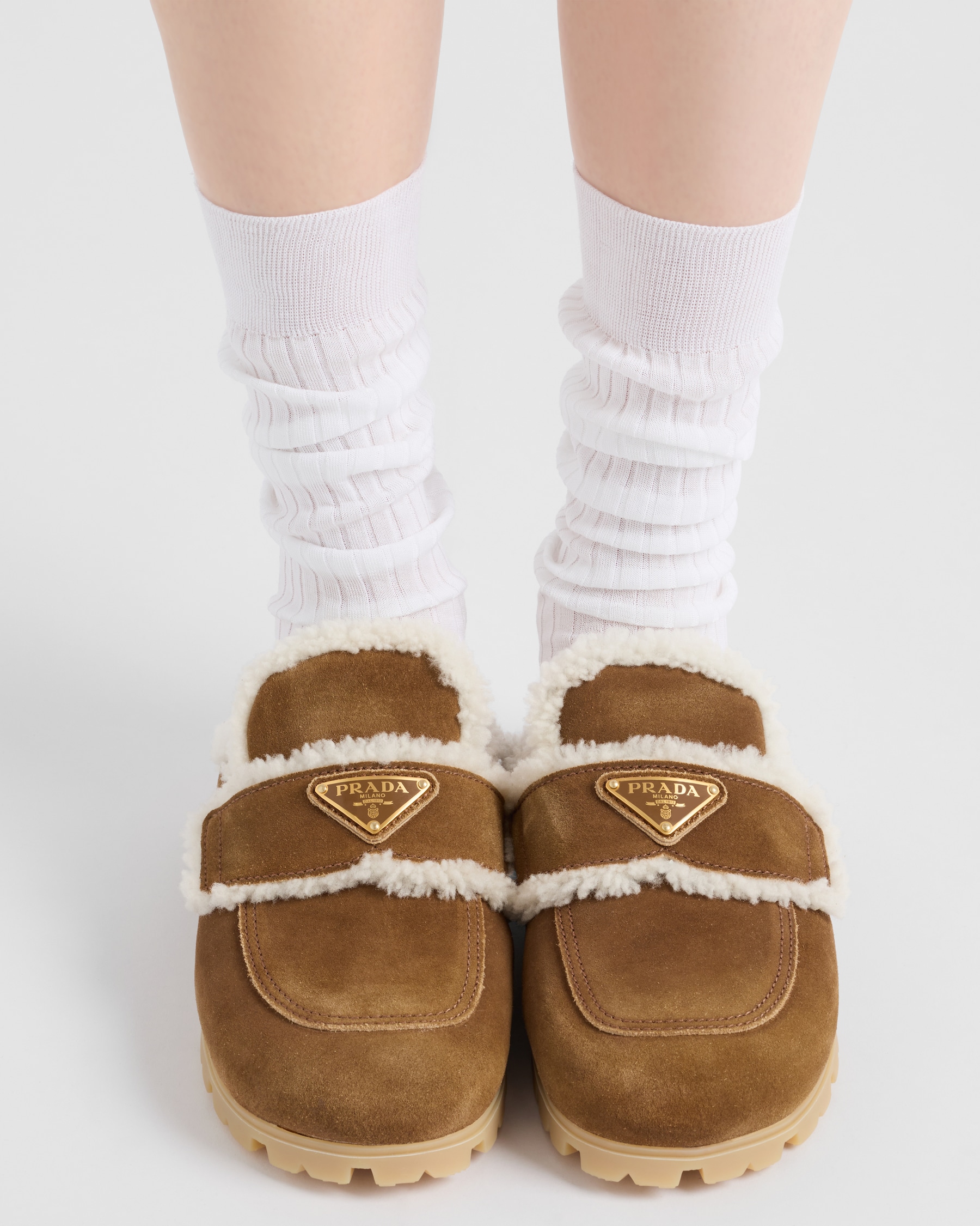 Cinnamon Suede And Shearling Slippers | PRADA