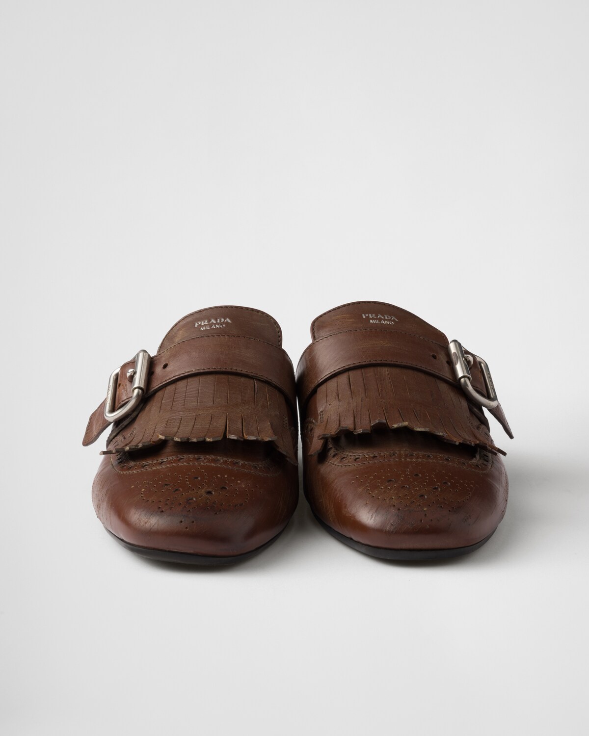 Cognac Shuffle Fringed Leather Mules | PRADA