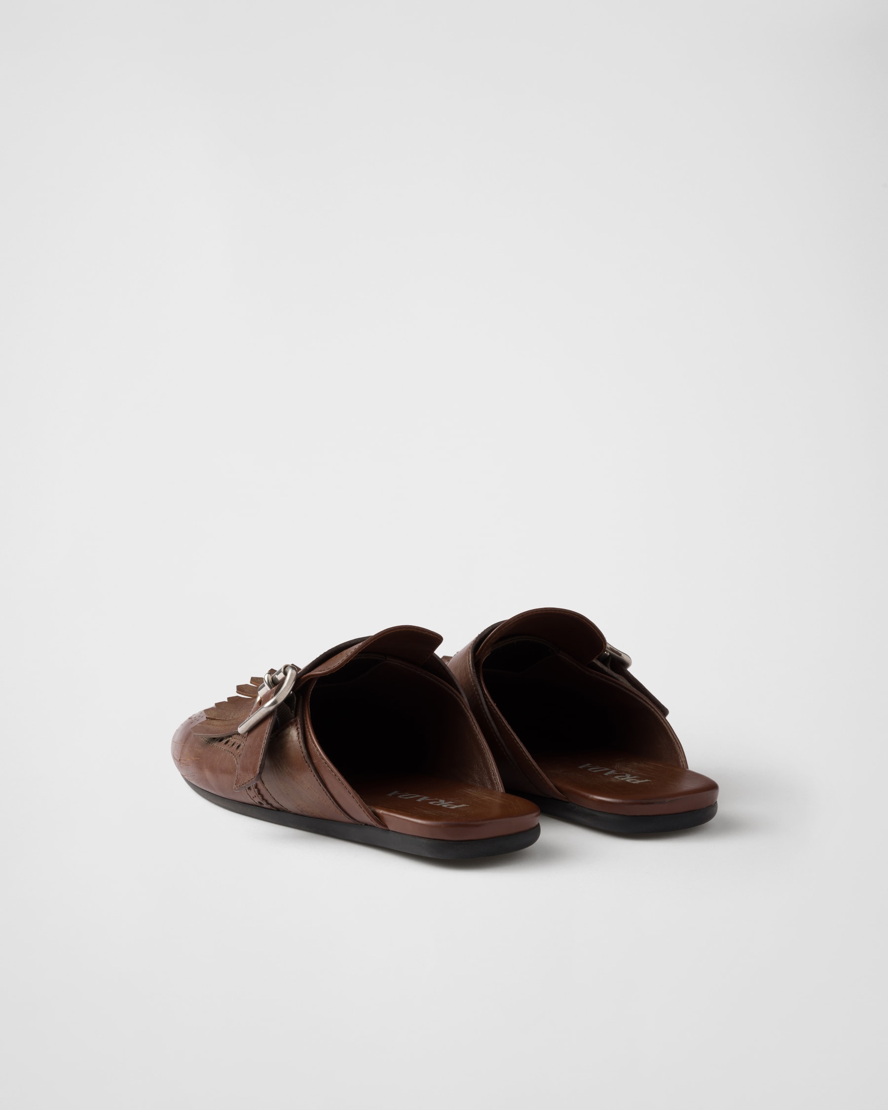 Cognac Shuffle Fringed Leather Mules | PRADA