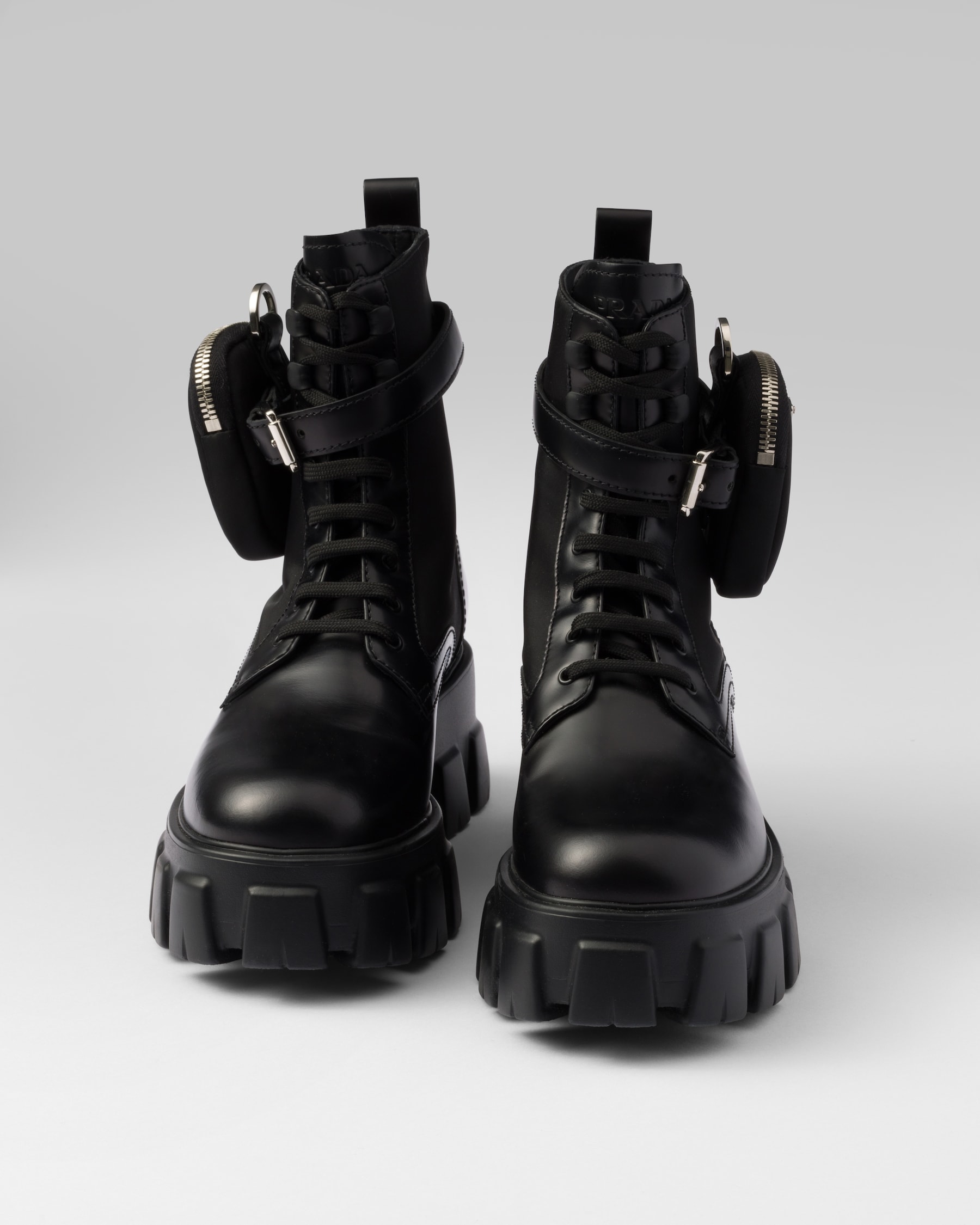 Black Monolith Leather And Re-nylon Boots With Pouch | PRADA