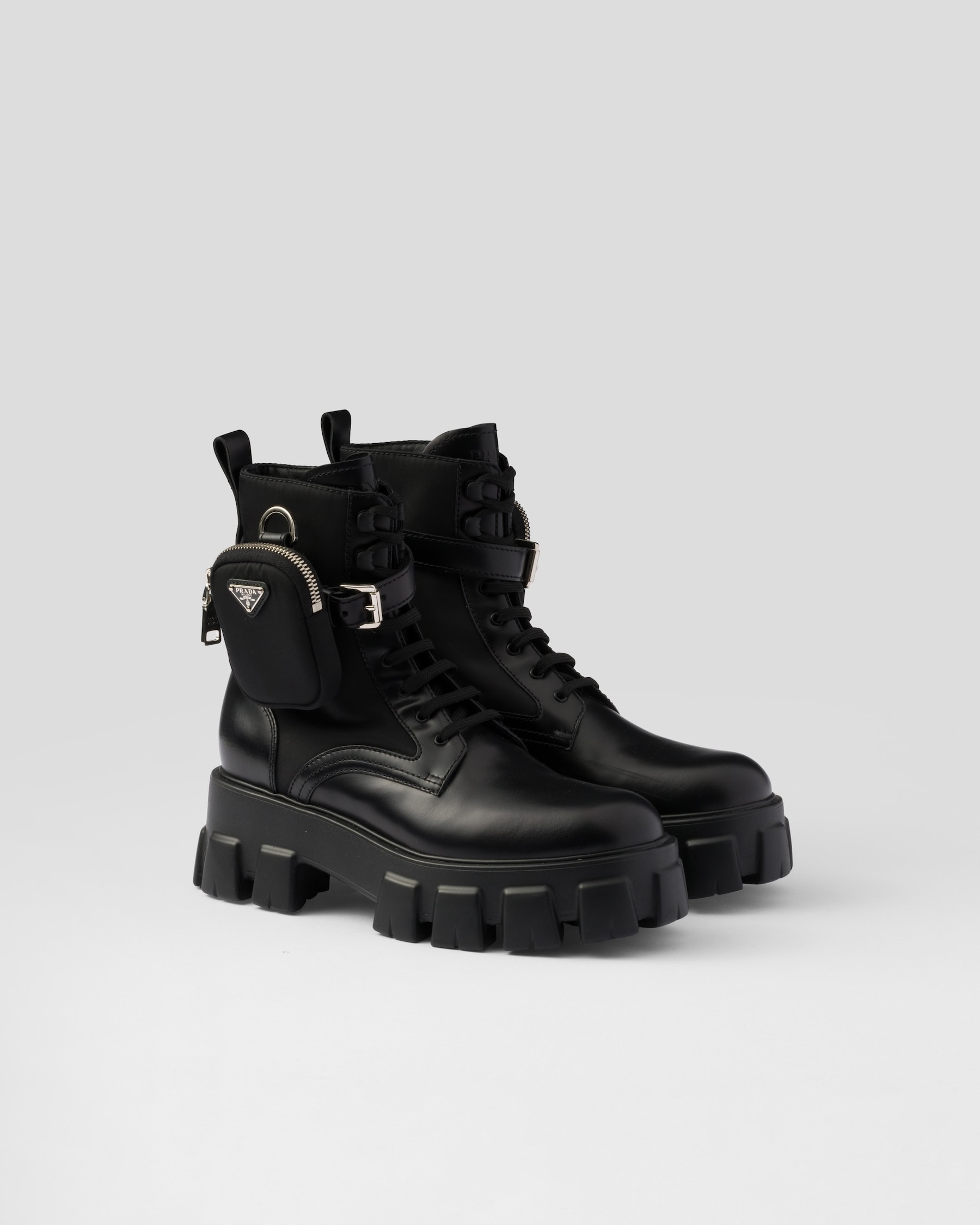 Black Monolith Leather And Re-nylon Boots With Pouch | PRADA