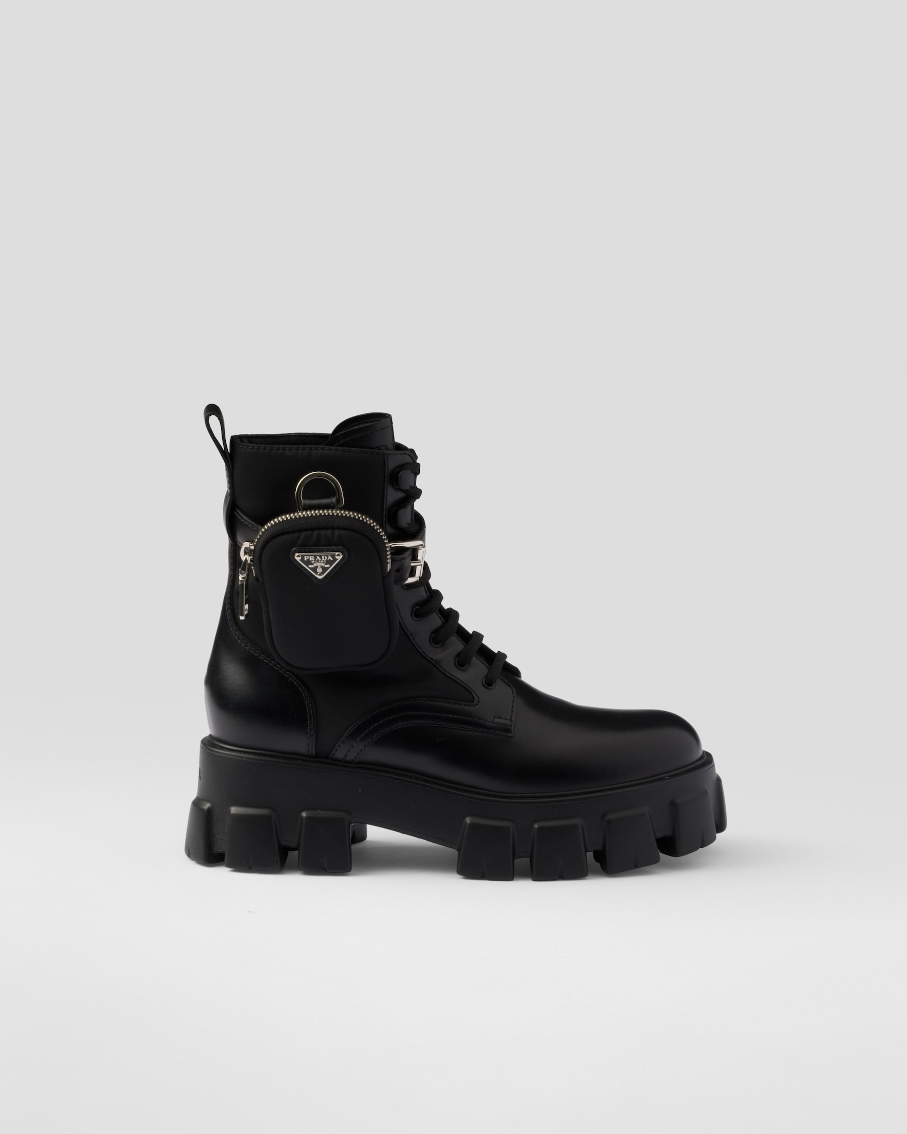 Black Monolith Leather And Re-nylon Boots With Pouch | PRADA