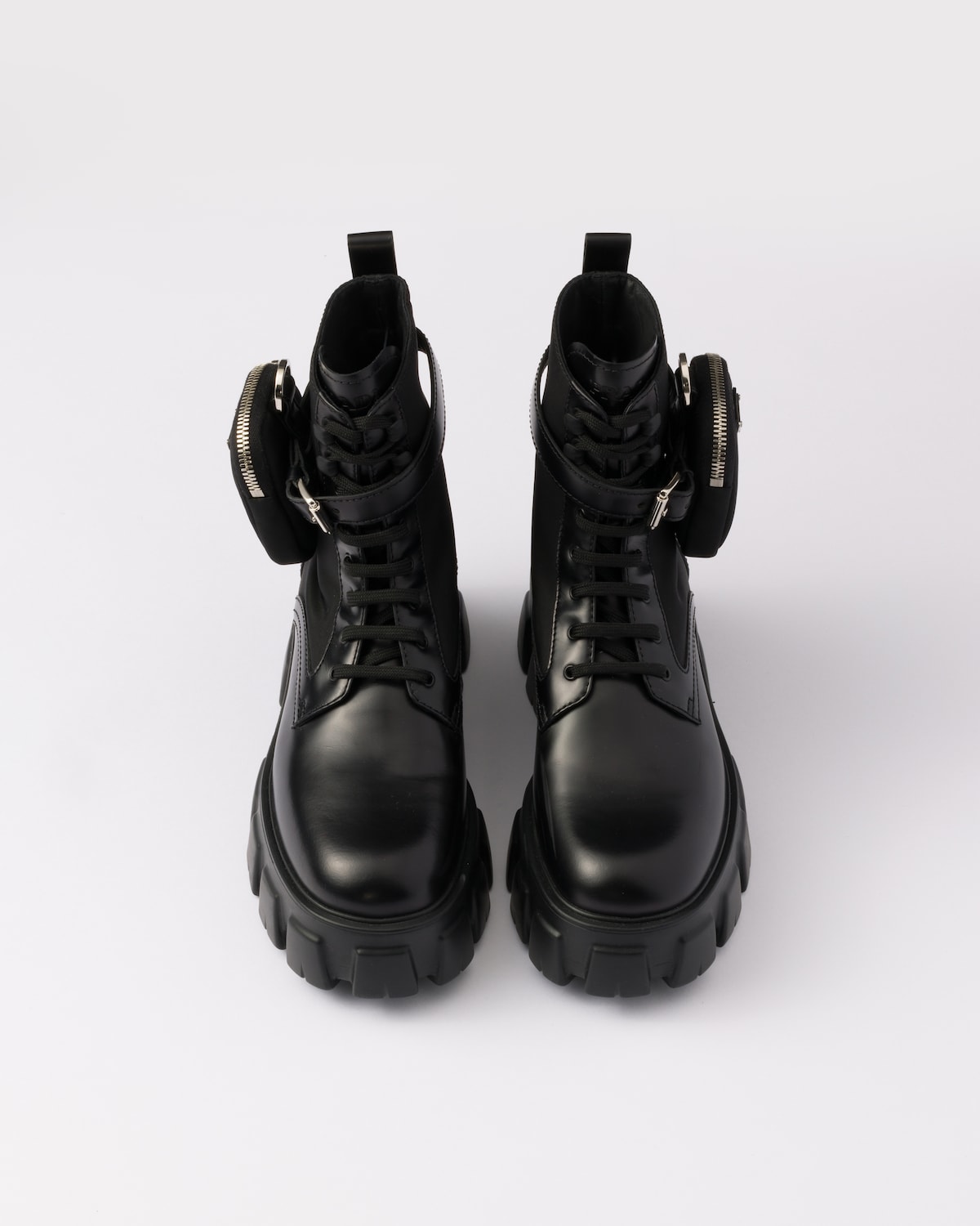 Black Monolith Leather And Re-nylon Boots With Pouch | PRADA
