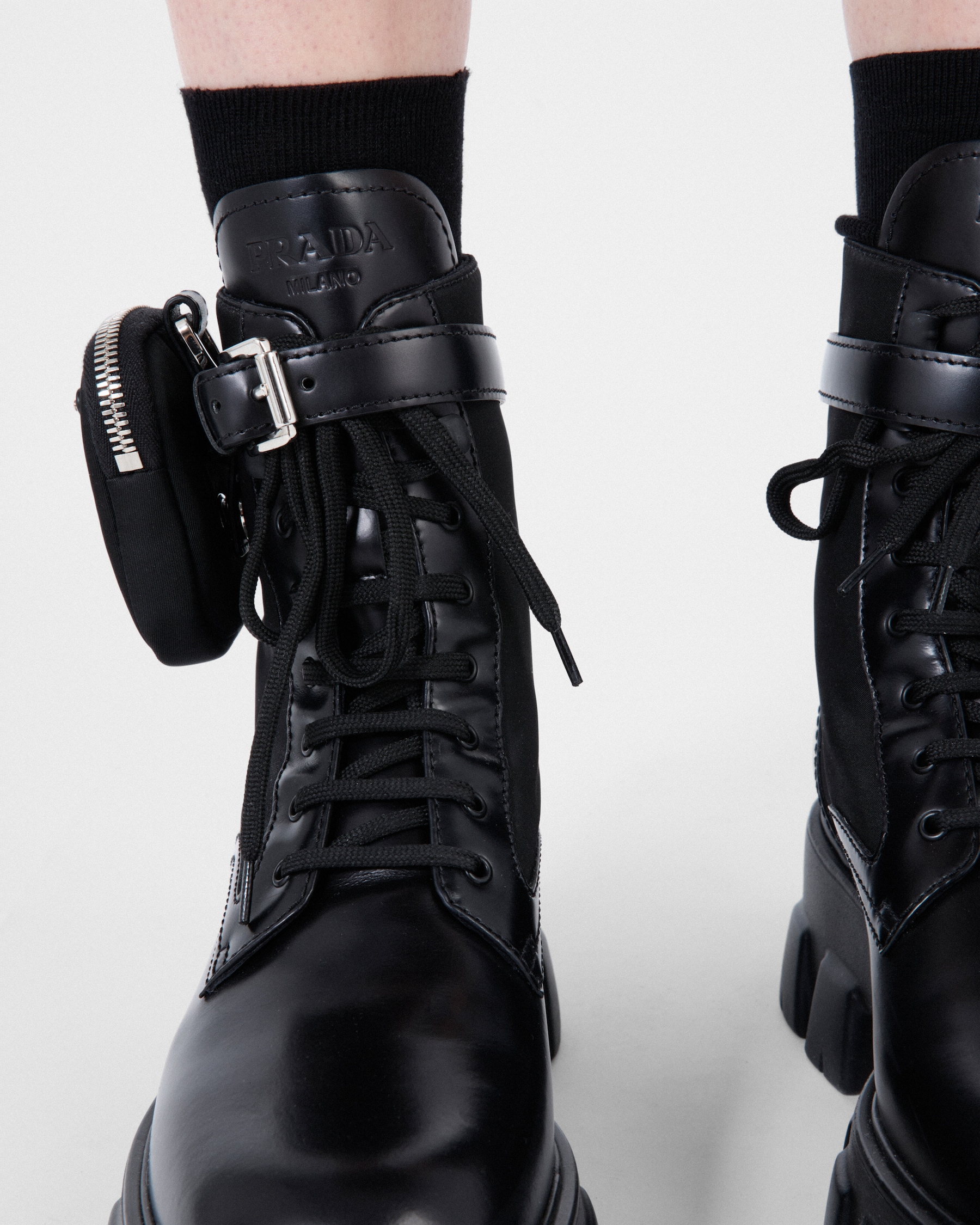 Black Monolith Leather And Re-nylon Combat Boots With Pouch | PRADA