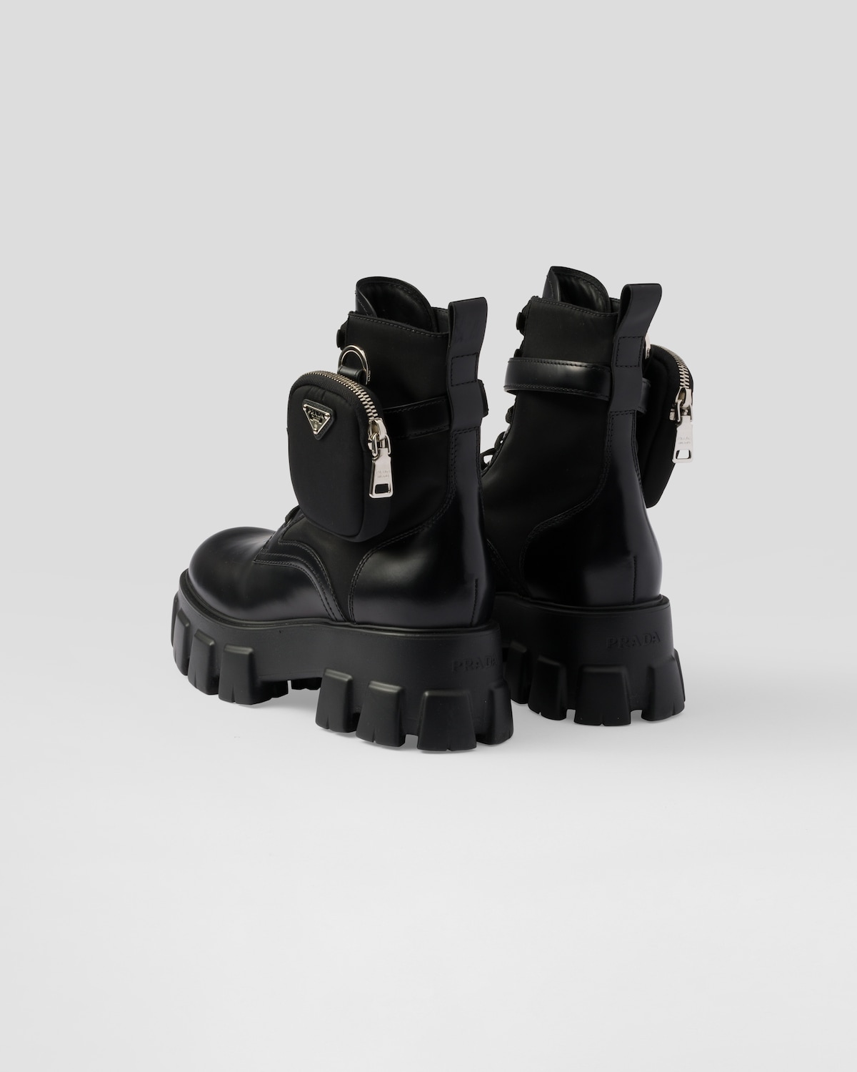 Black Monolith Leather And Re-nylon Combat Boots With Pouch | PRADA ...