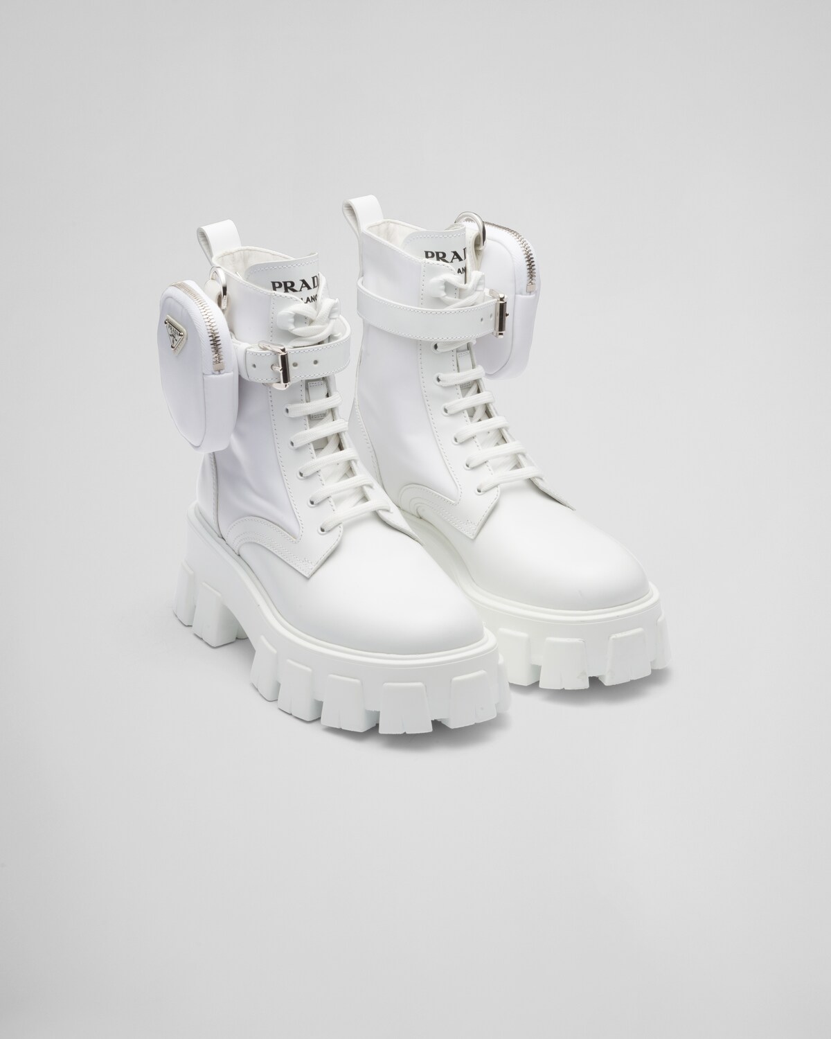 White Monolith Leather And Re-nylon Boots With Pouch | PRADA