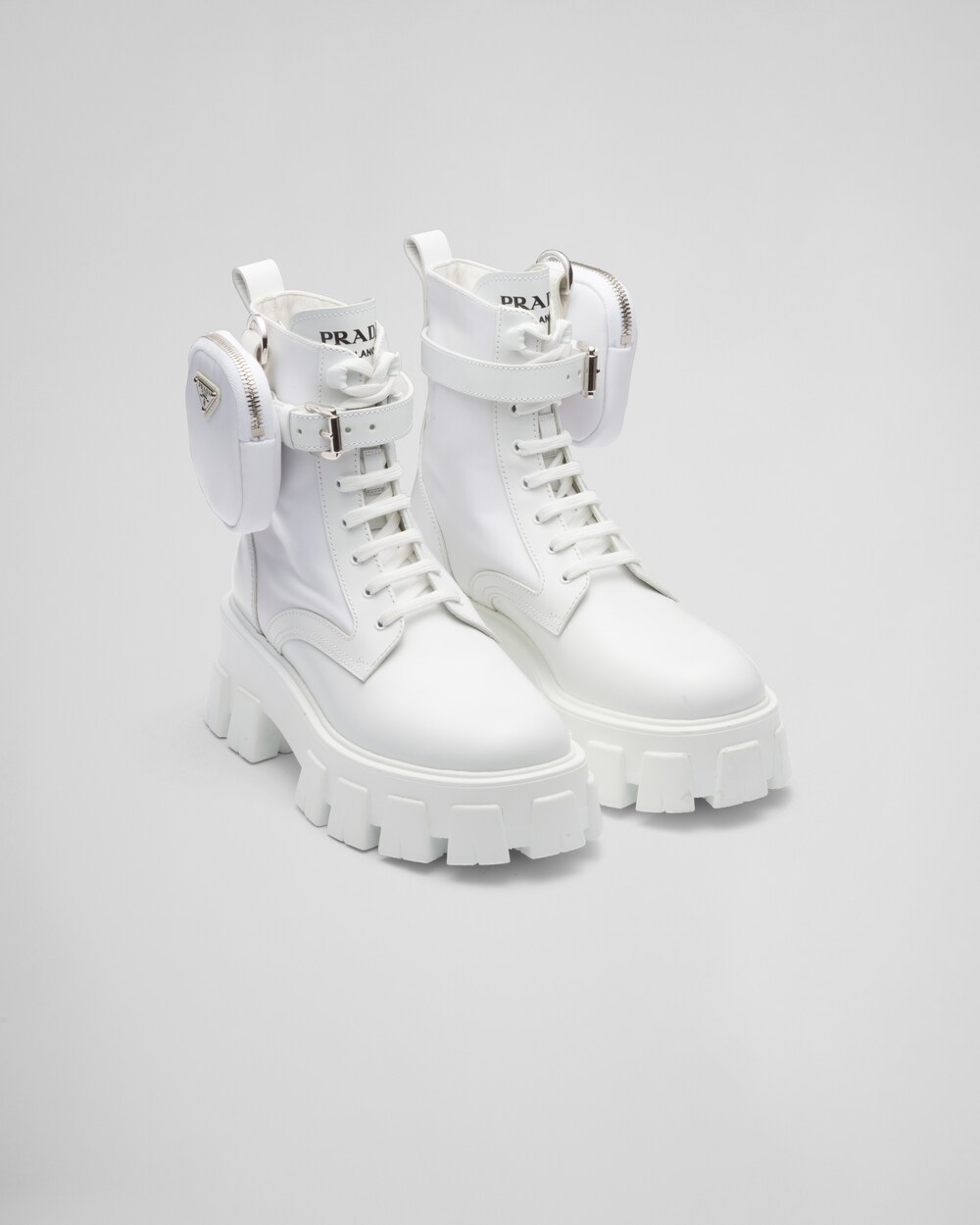 White Monolith leather and nylon fabric boots | Prada