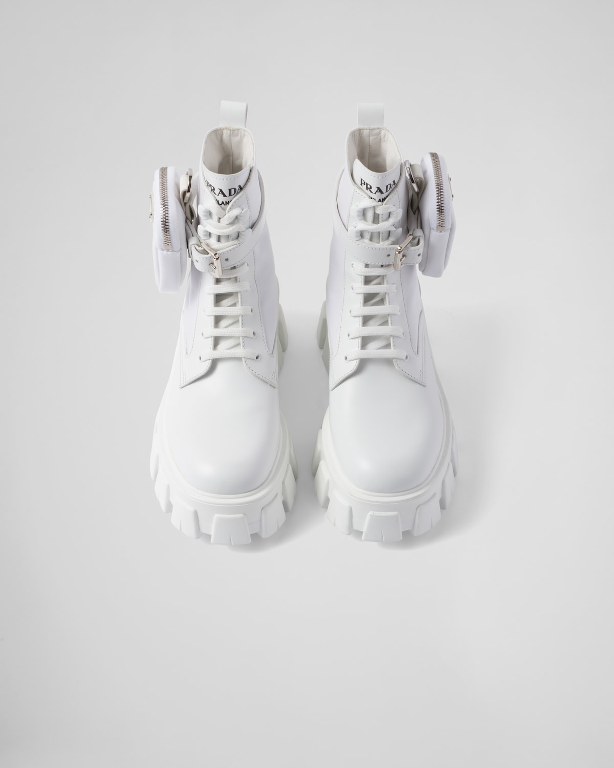 White Monolith Leather And Re-nylon Boots With Pouch | PRADA