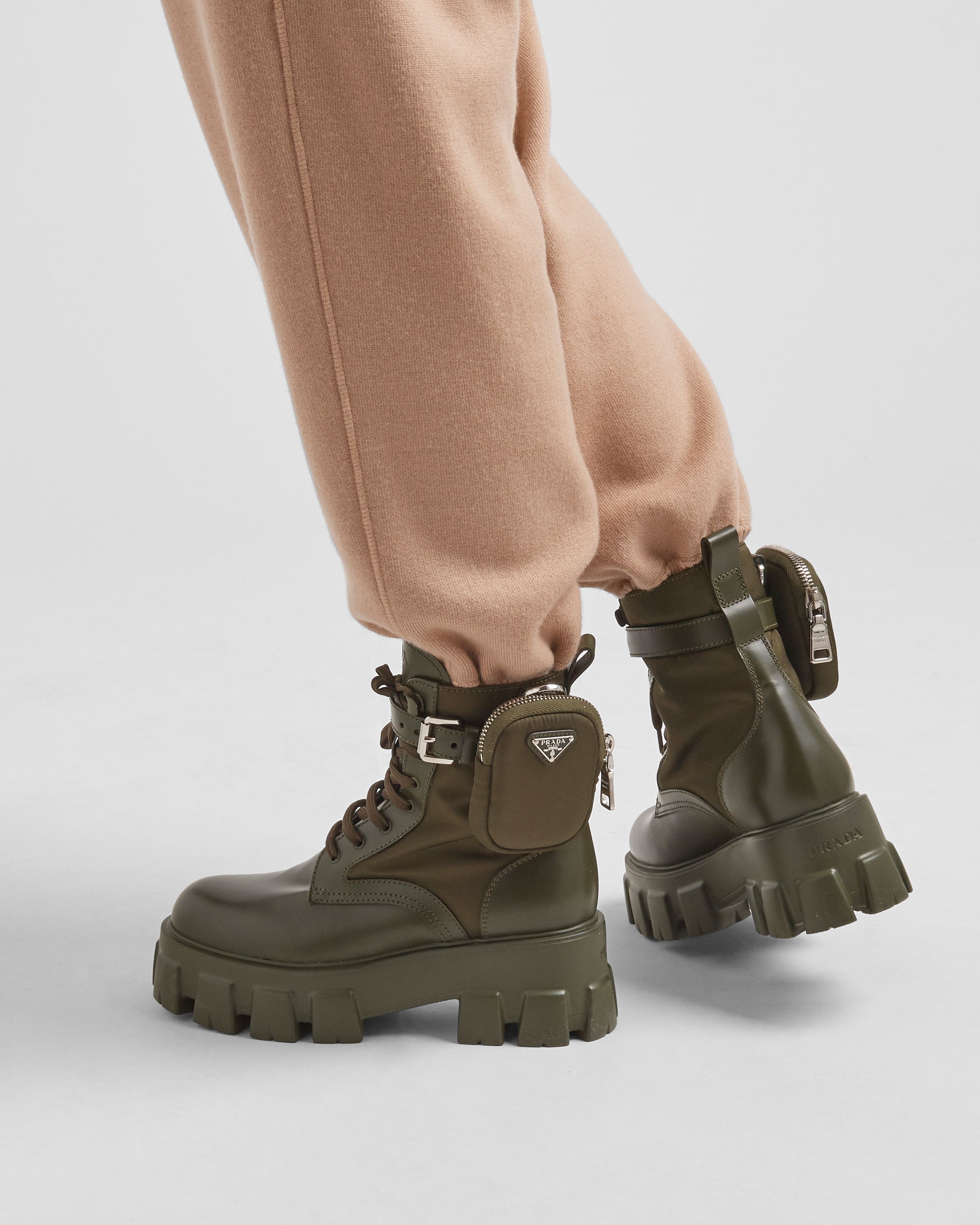 Military Green Monolith Leather And Re-nylon Boots With Pouch | PRADA