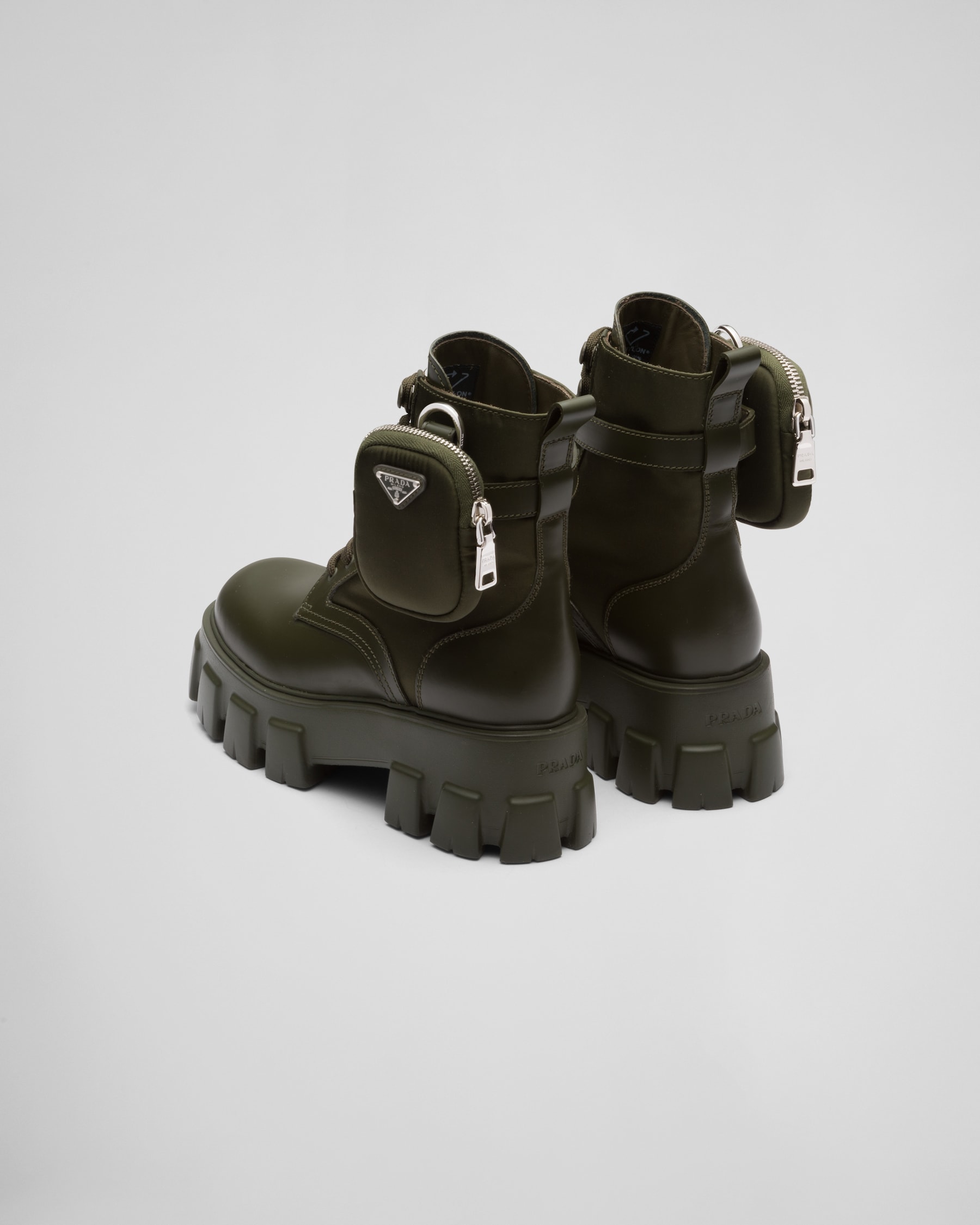 Military Green Monolith Leather And Re-nylon Boots With Pouch | PRADA