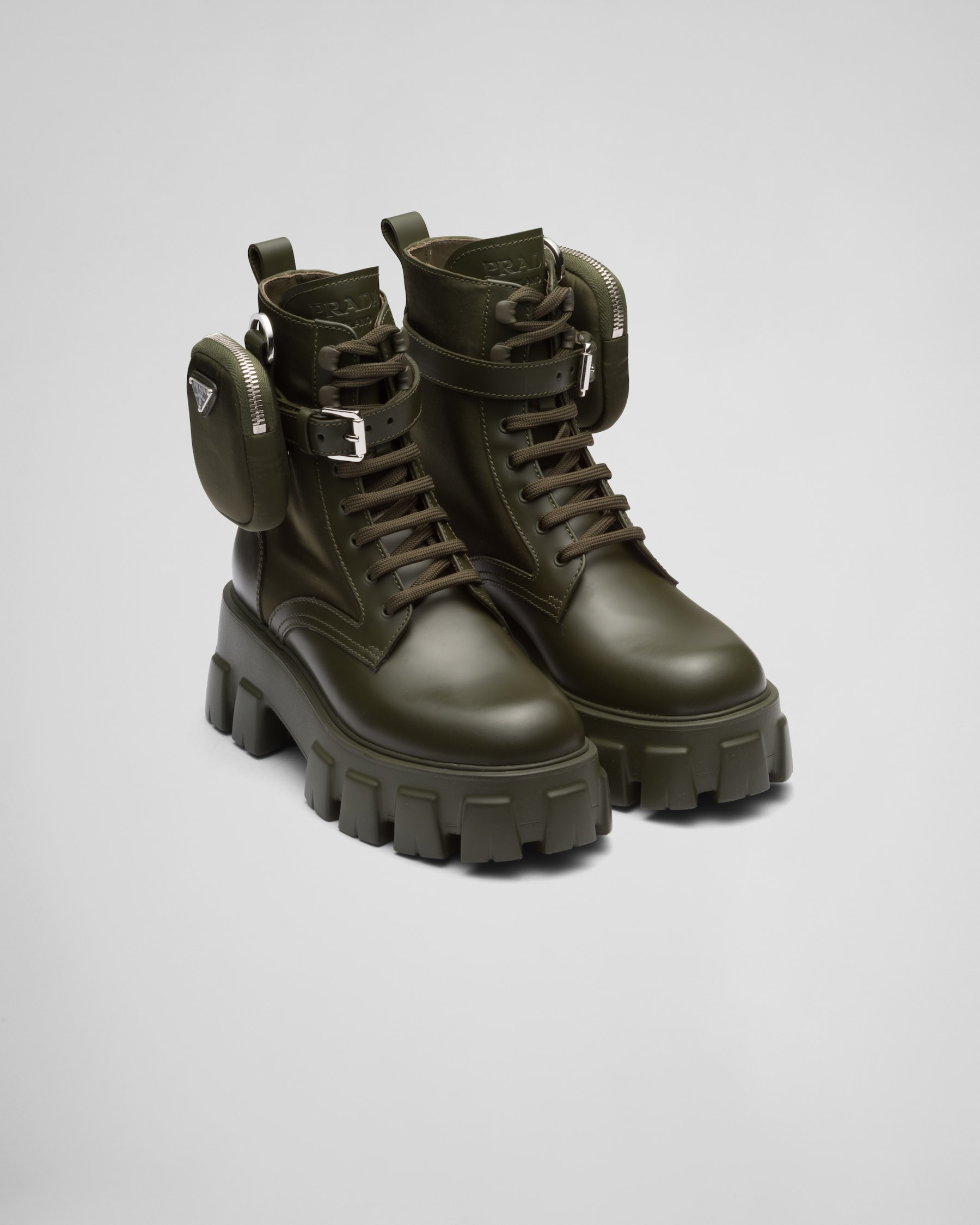 Military Green Monolith Leather And Re-nylon Boots With Pouch | PRADA