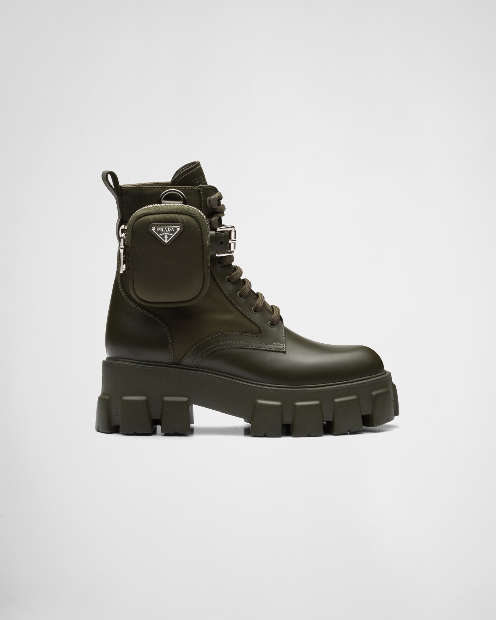 Military Green Monolith Leather And Re-nylon Boots With Pouch | PRADA