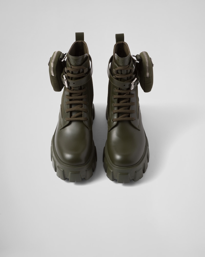 Military Green Monolith Leather And Re-nylon Boots With Pouch | PRADA