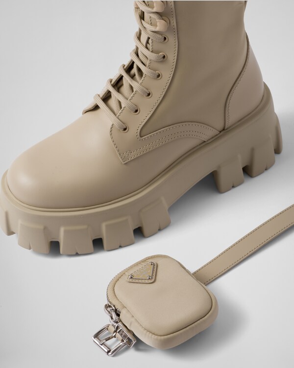 Desert Beige Monolith Leather And Re-nylon Boots With Pouch | PRADA