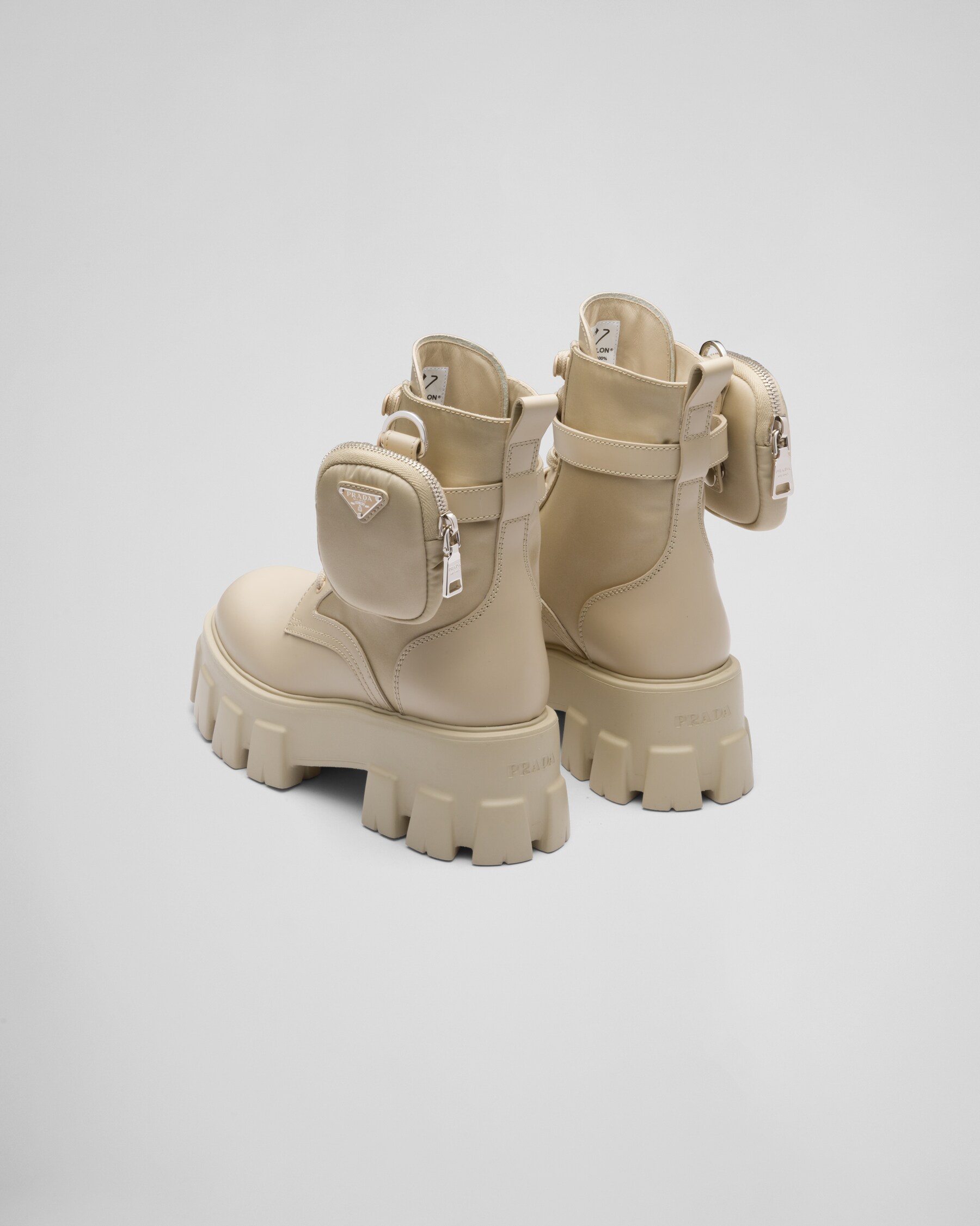 Desert Beige Monolith Leather And Re-nylon Boots With Pouch | PRADA