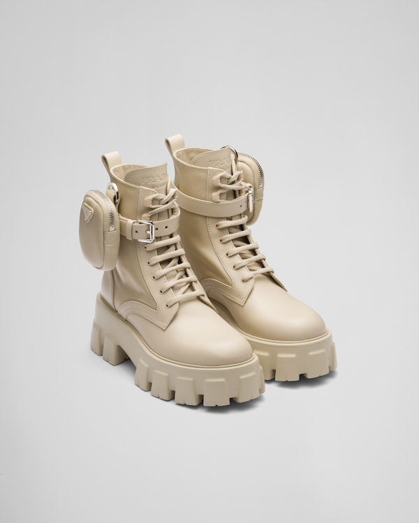 Desert Beige Monolith Leather And Re-nylon Boots With Pouch | PRADA