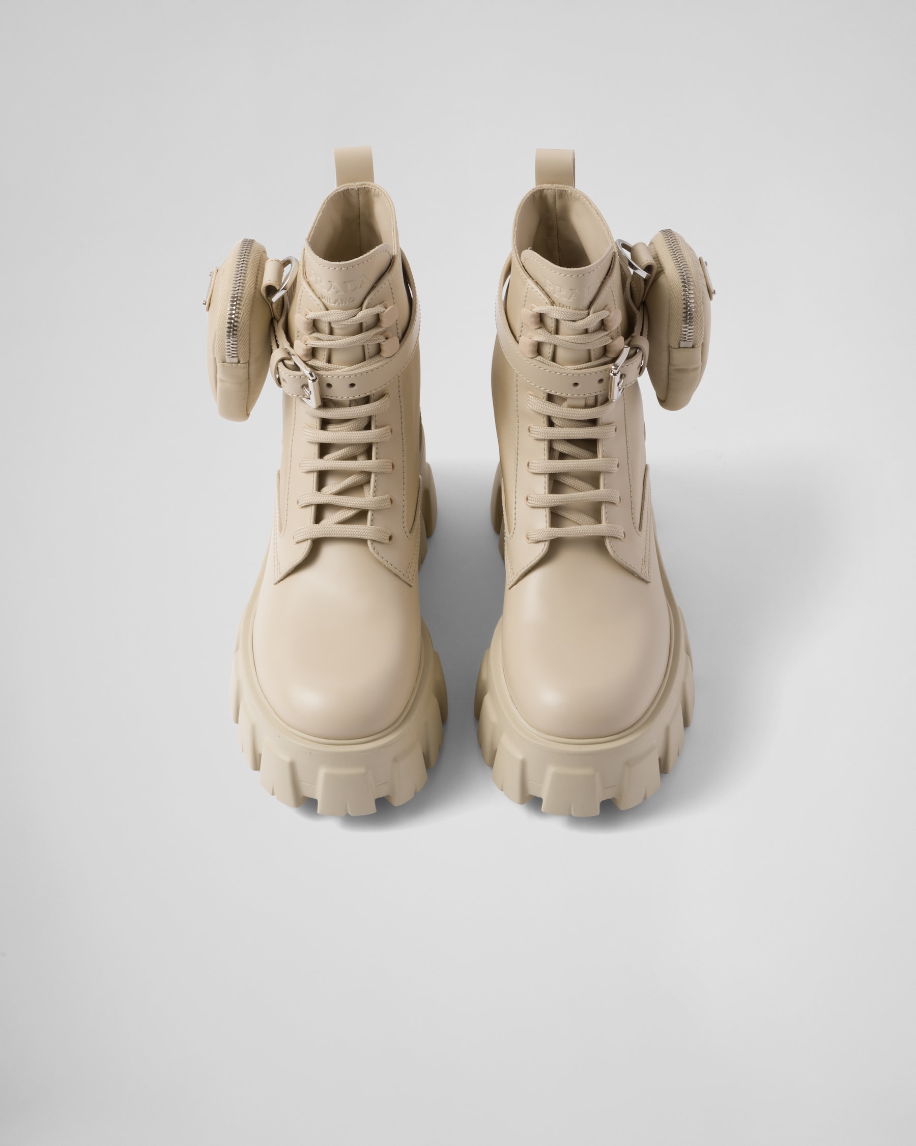 Desert Beige Monolith Leather And Re-nylon Boots With Pouch | PRADA